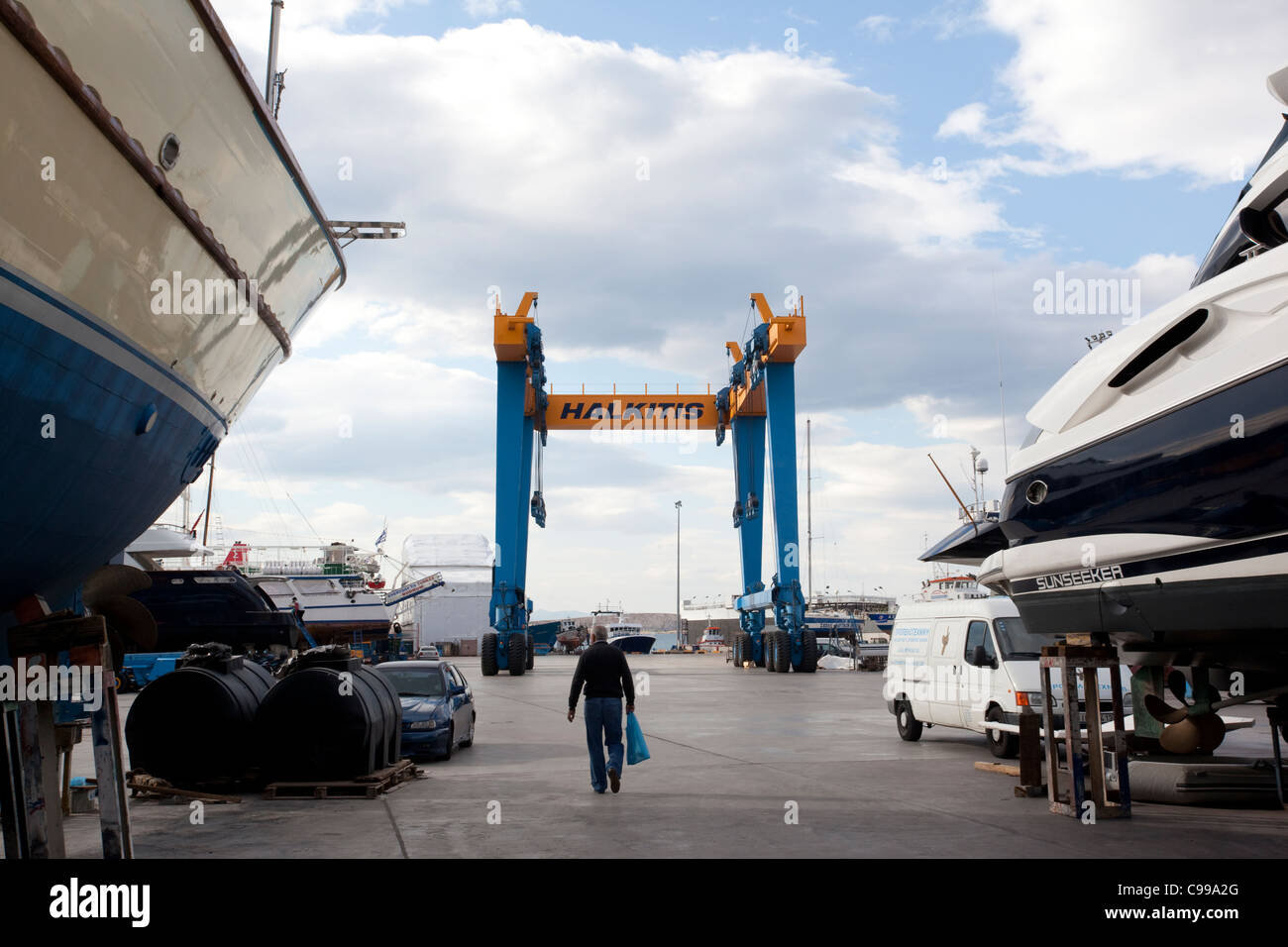 Greek shipworkers at Halkitis Shipyards, Perama Piraeus, outside Athens ...