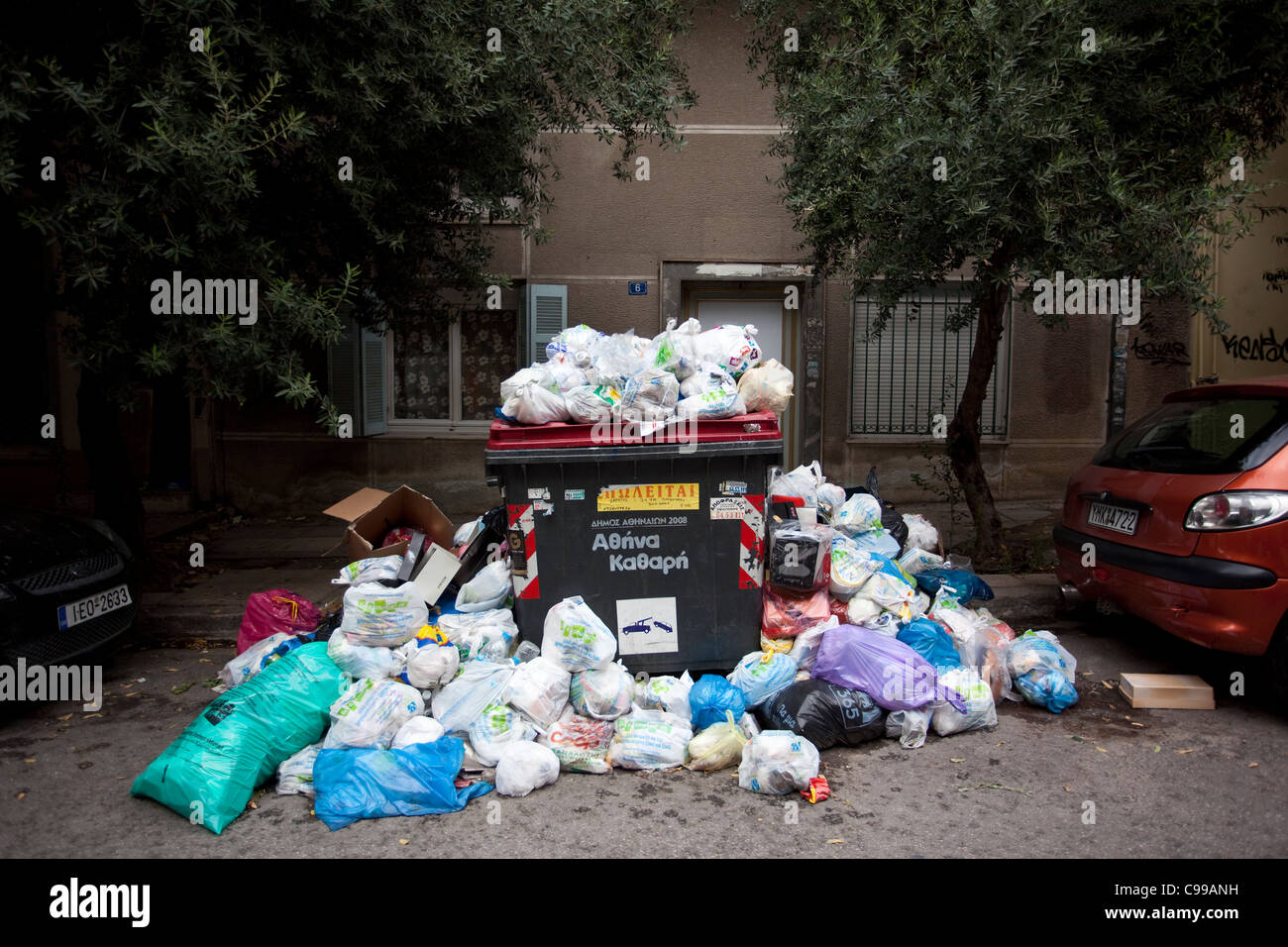 Piles of domestic rubbish build up on the streets of Athens during the ...