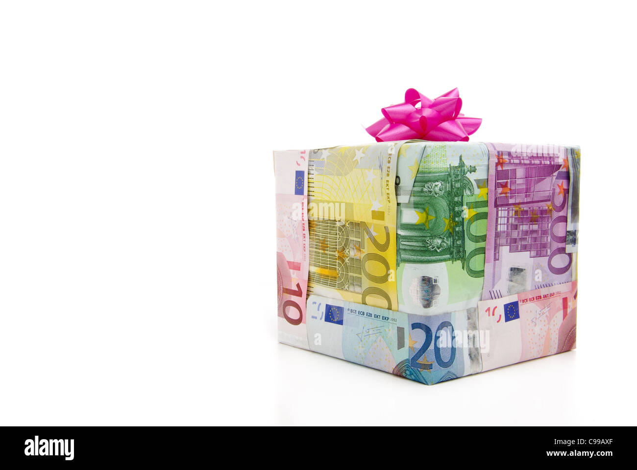 Different euro bills packed as a present isolated on a white background ...