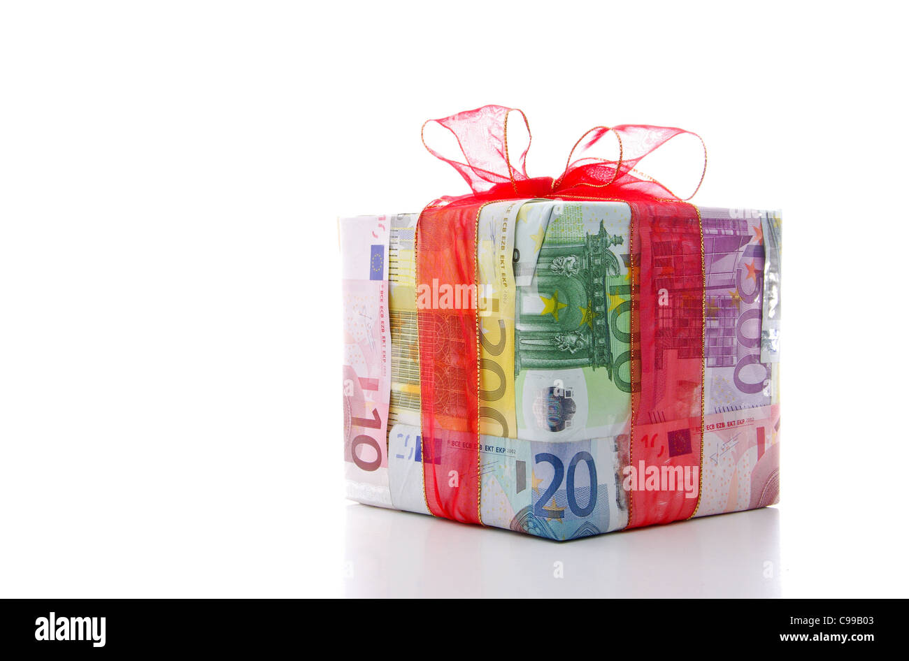 Different euro bills packed as a present isolated on a white background ...