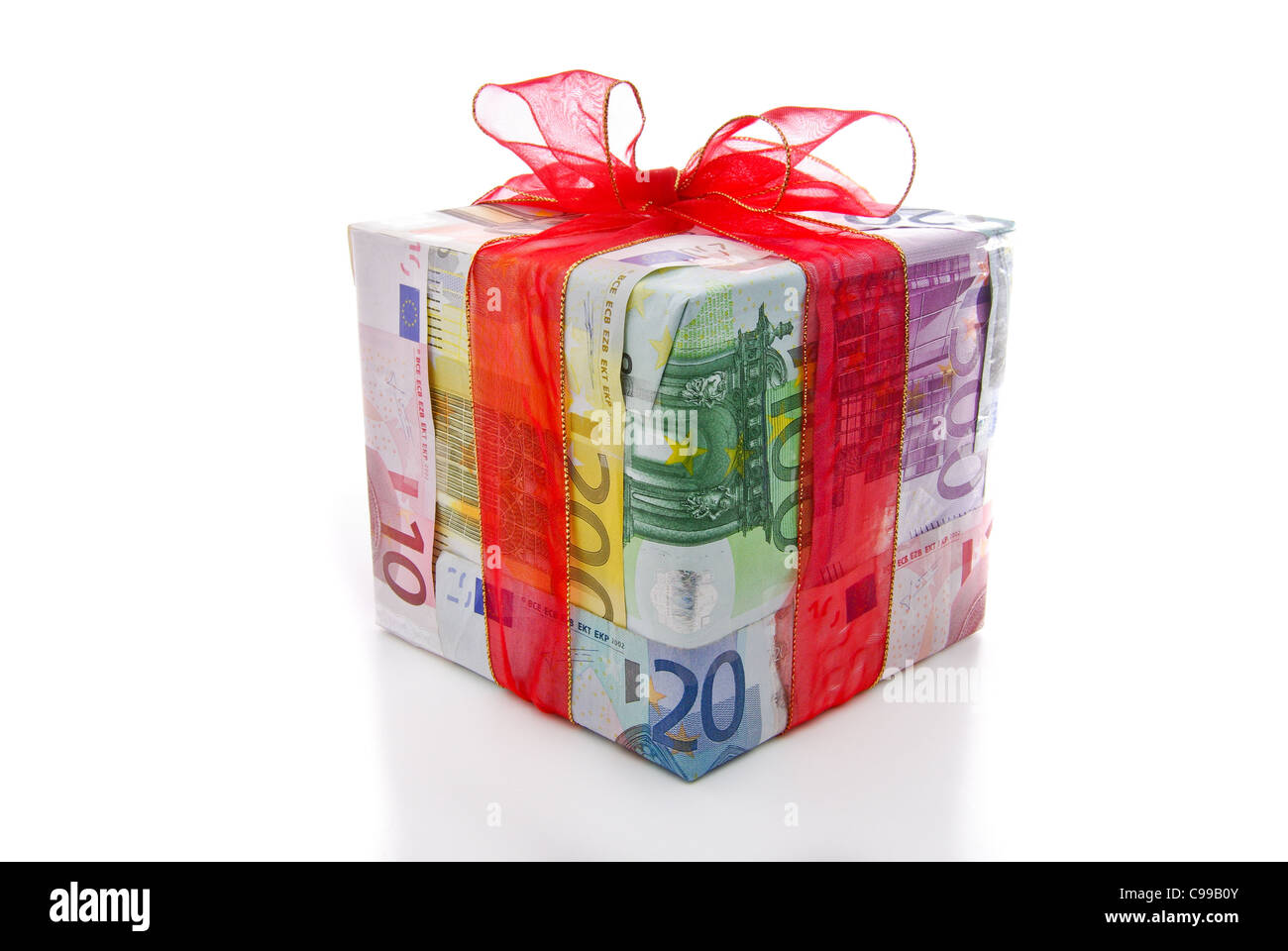Different euro bills packed as a present isolated on a white background ...