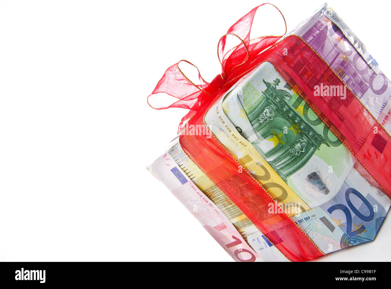 Different euro bills packed as a present isolated on a white background ...