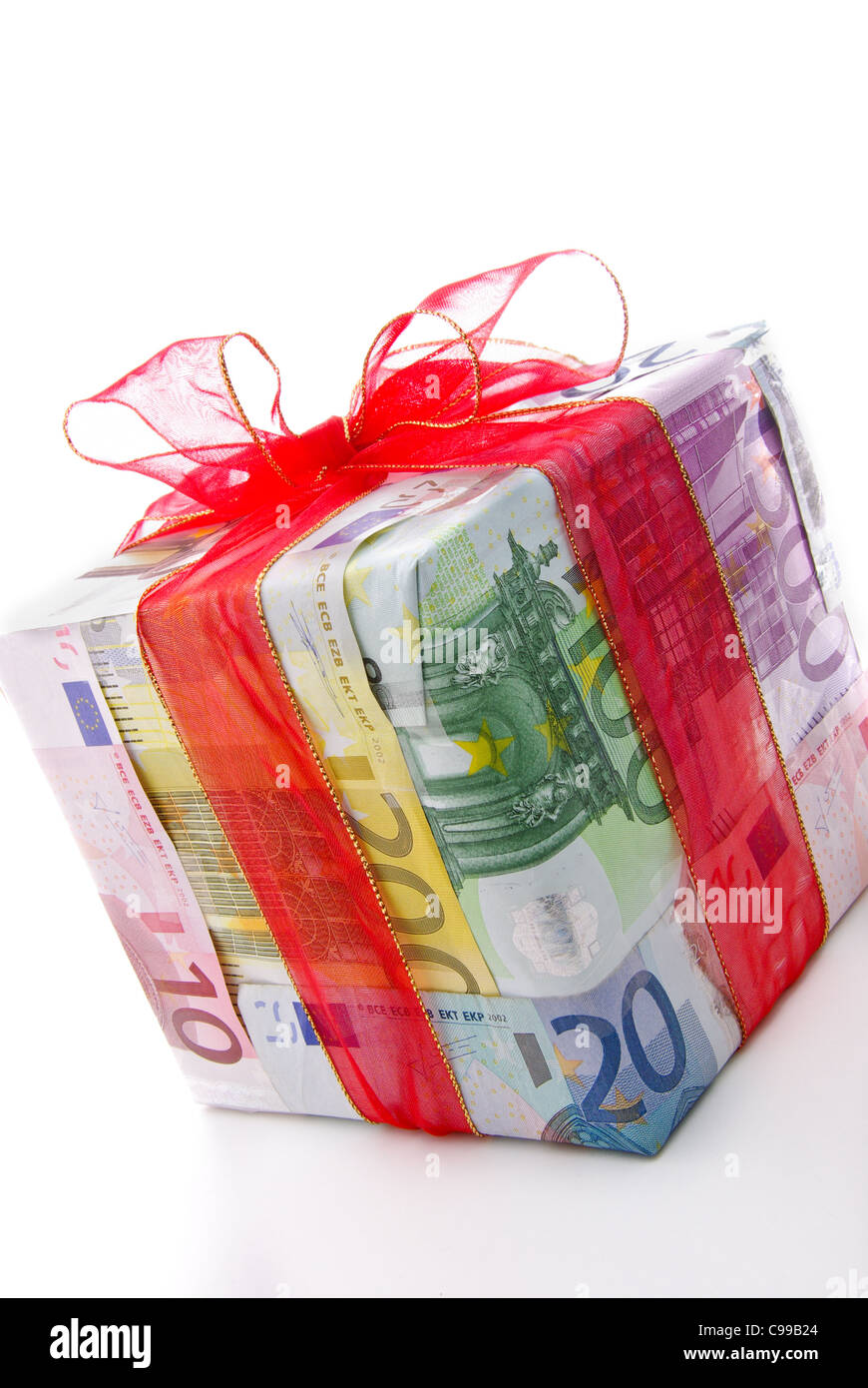 Different euro bills packed as a present isolated on a white background ...