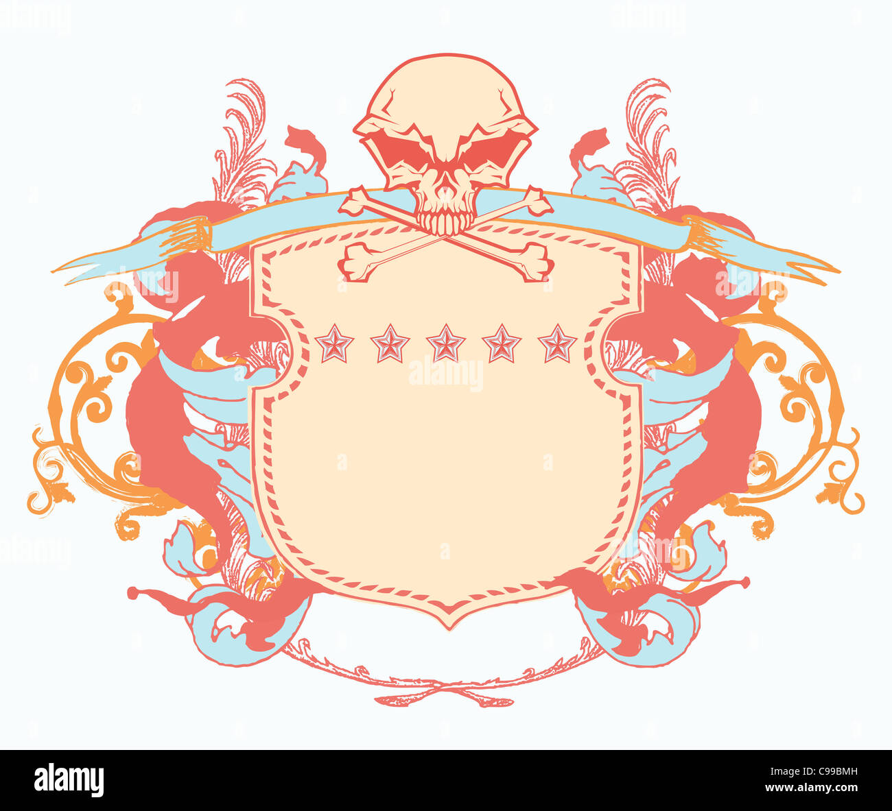 illustration of heraldic shield or badge with stylized human skull and ...