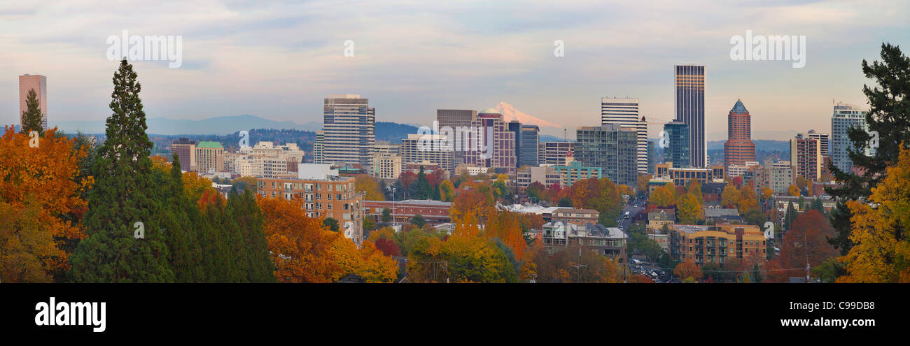 Portland Oregon City Skyline and Mount Hood in the Fall Panorama Stock ...