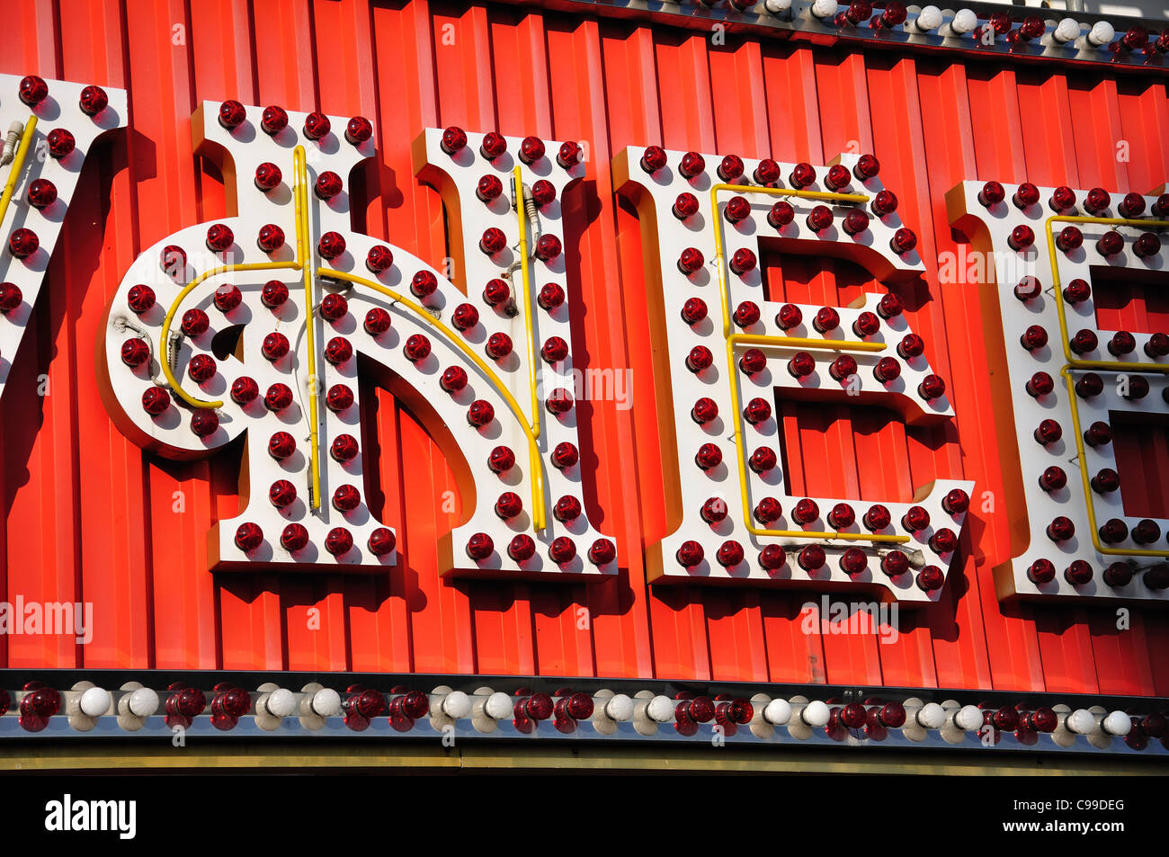 Neon lights on promenade sign, Southsea, Portsmouth, Hampshire, England ...