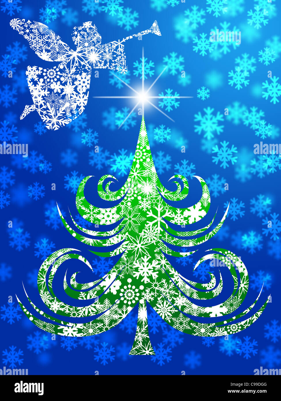 Snowflakes Angel with Trumpet Over Christmas Tree Illustration Stock ...