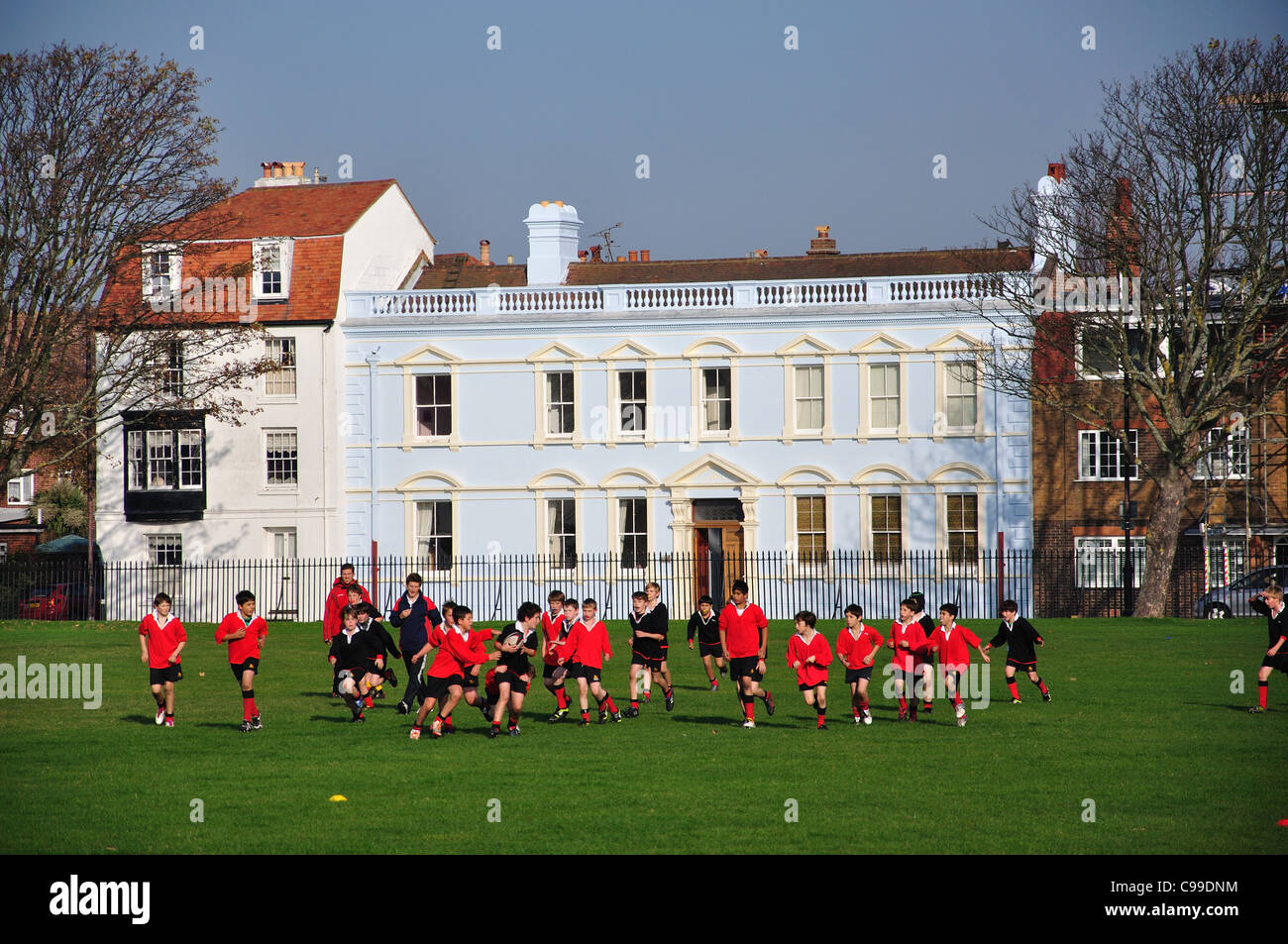 Boys playing rugby on Royal Navy playing fields, Old Portsmouth ...