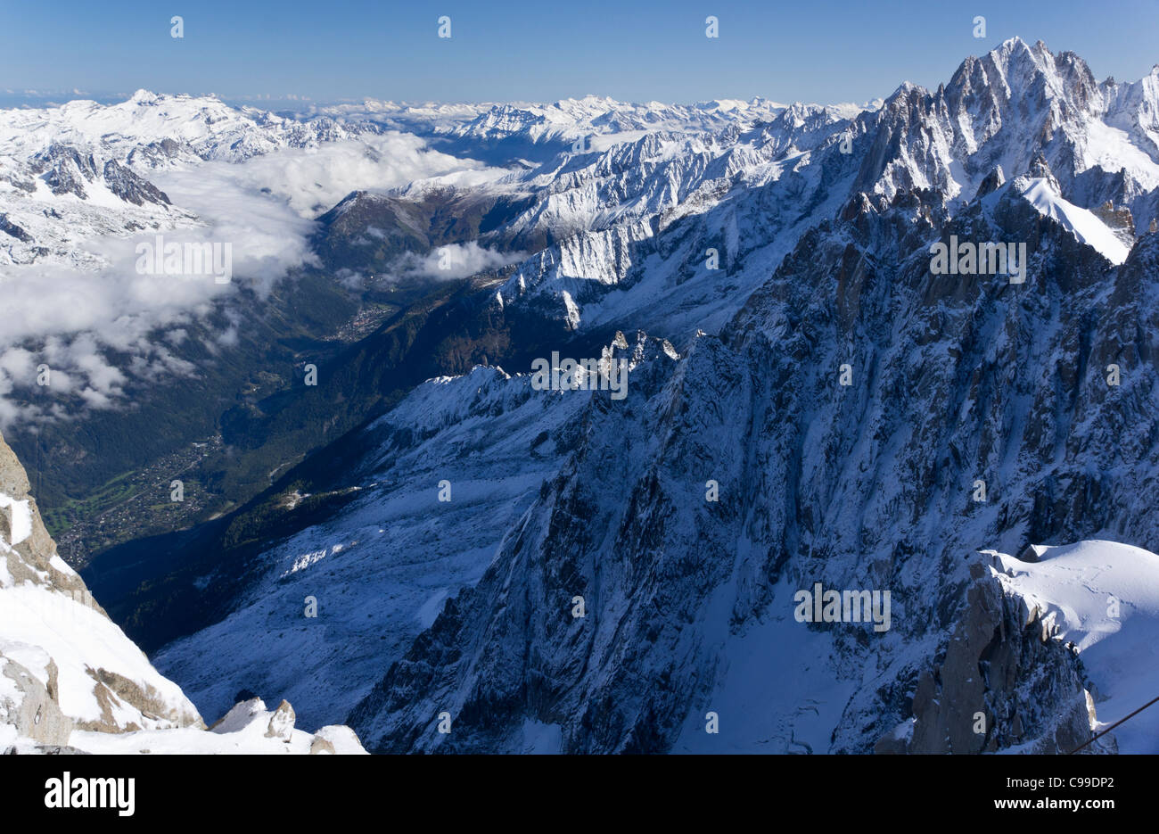 Looking up the Chamonix Valley with the Aiguilles Rouges on the far ...