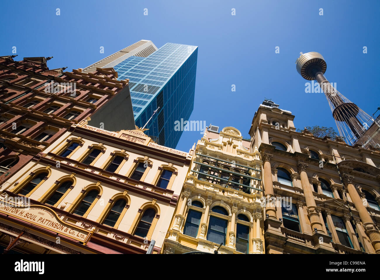 Historic and modern architecture on the Pitt Street Mall. Sydney, New ...