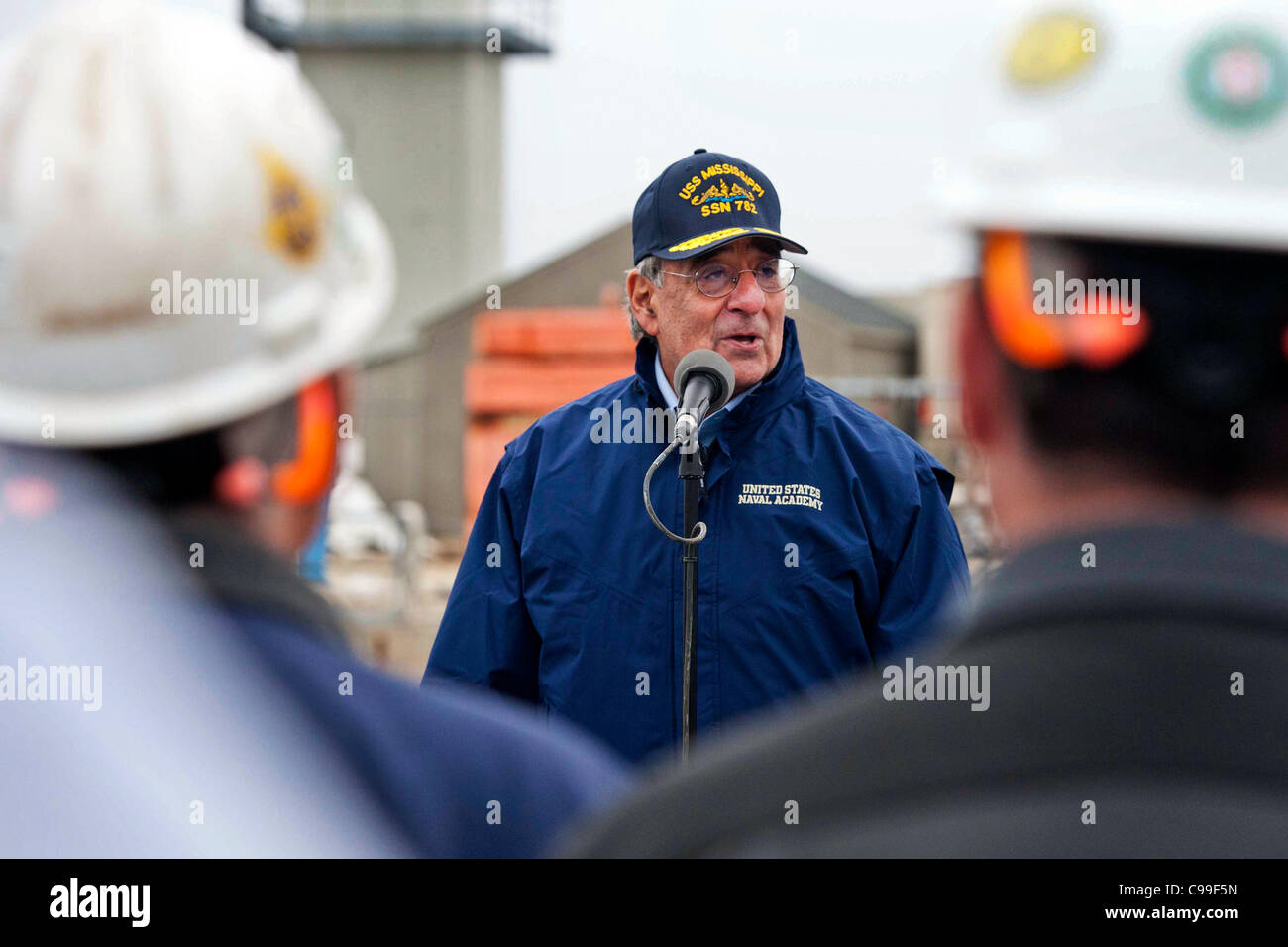 The Secretary of Defense Leon E. Panetta speaks to the crew and workers ...