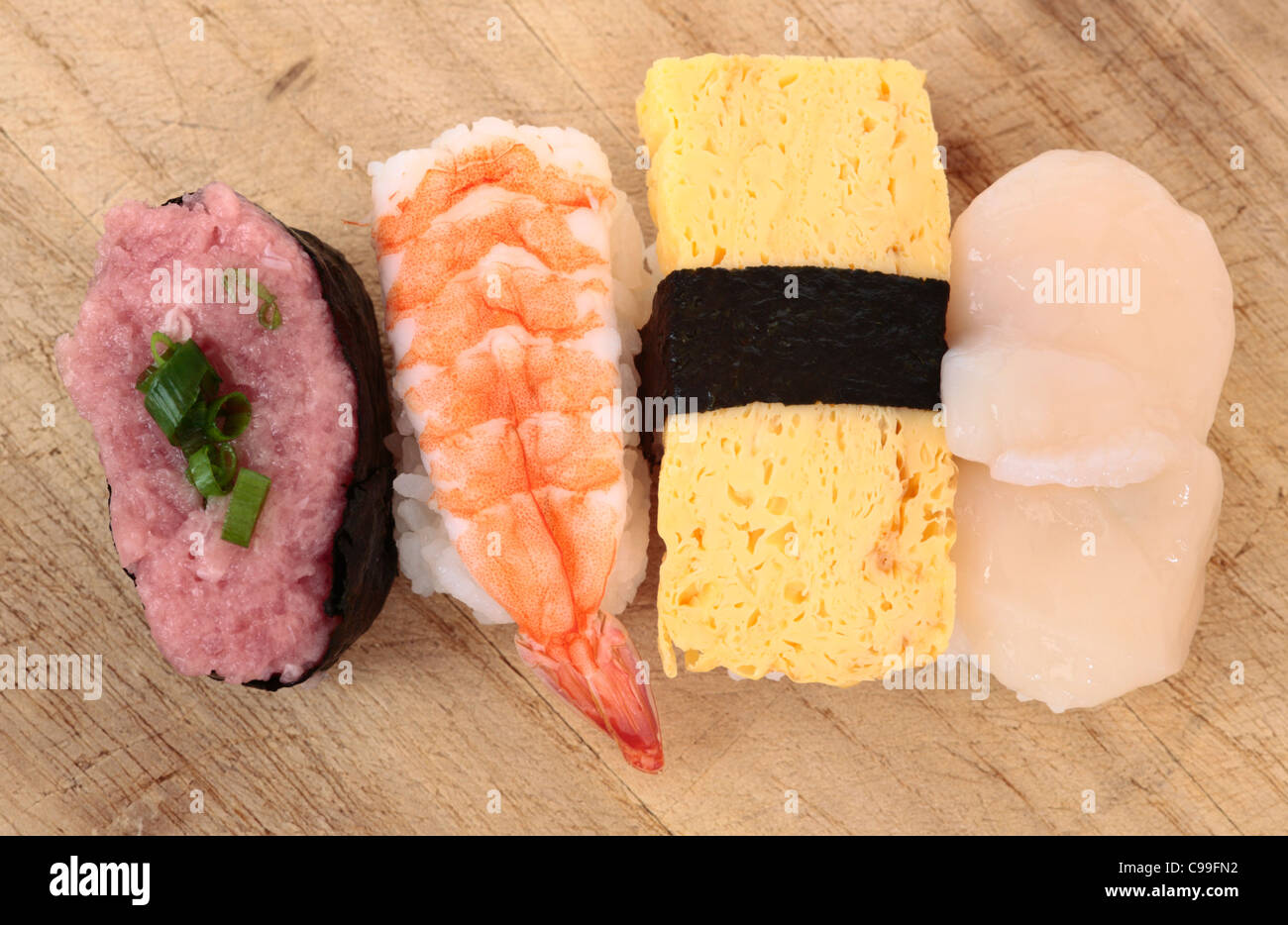 Close-up of Japanese tuna, shrimp, egg, and shellfish sushi Stock Photo ...