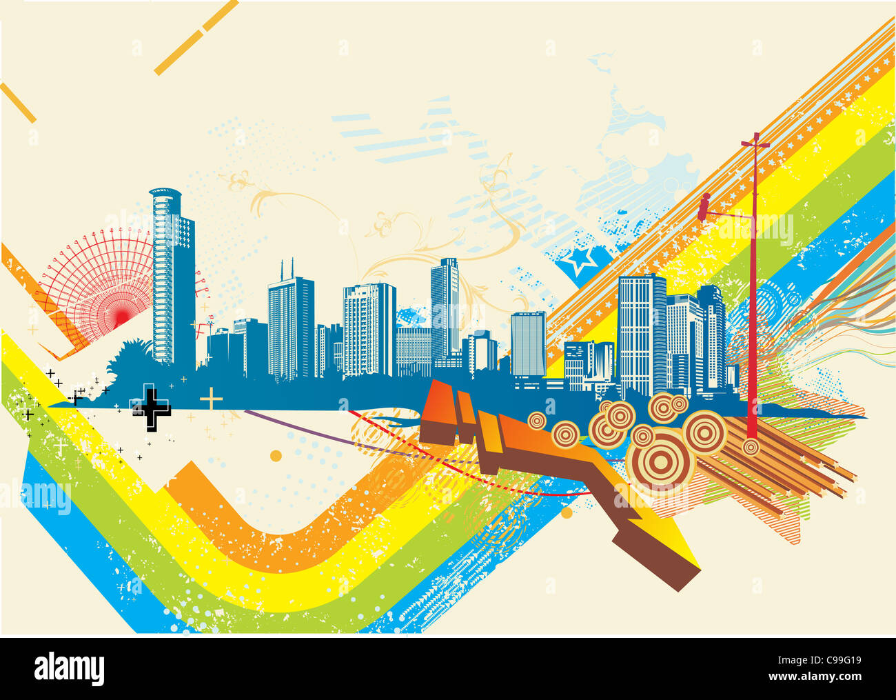 illustration of retro style summer urban background Stock Photo - Alamy