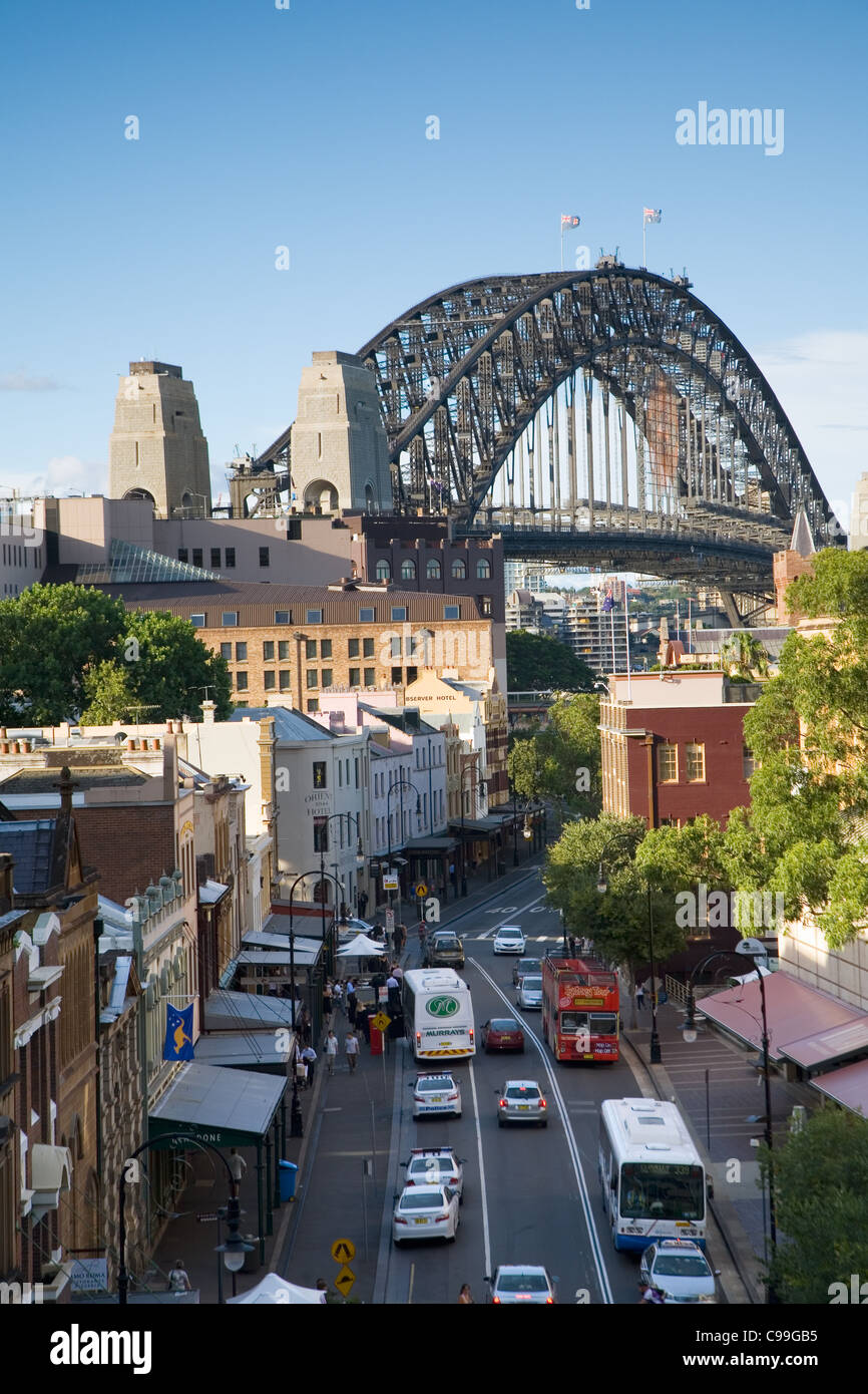 View along historic George Street in The Rocks district, with Sydney ...