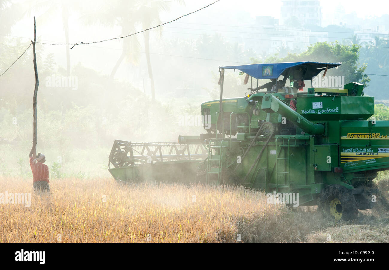 Indian combine harvester harvesting rice crop. Andhra Pradesh, India ...
