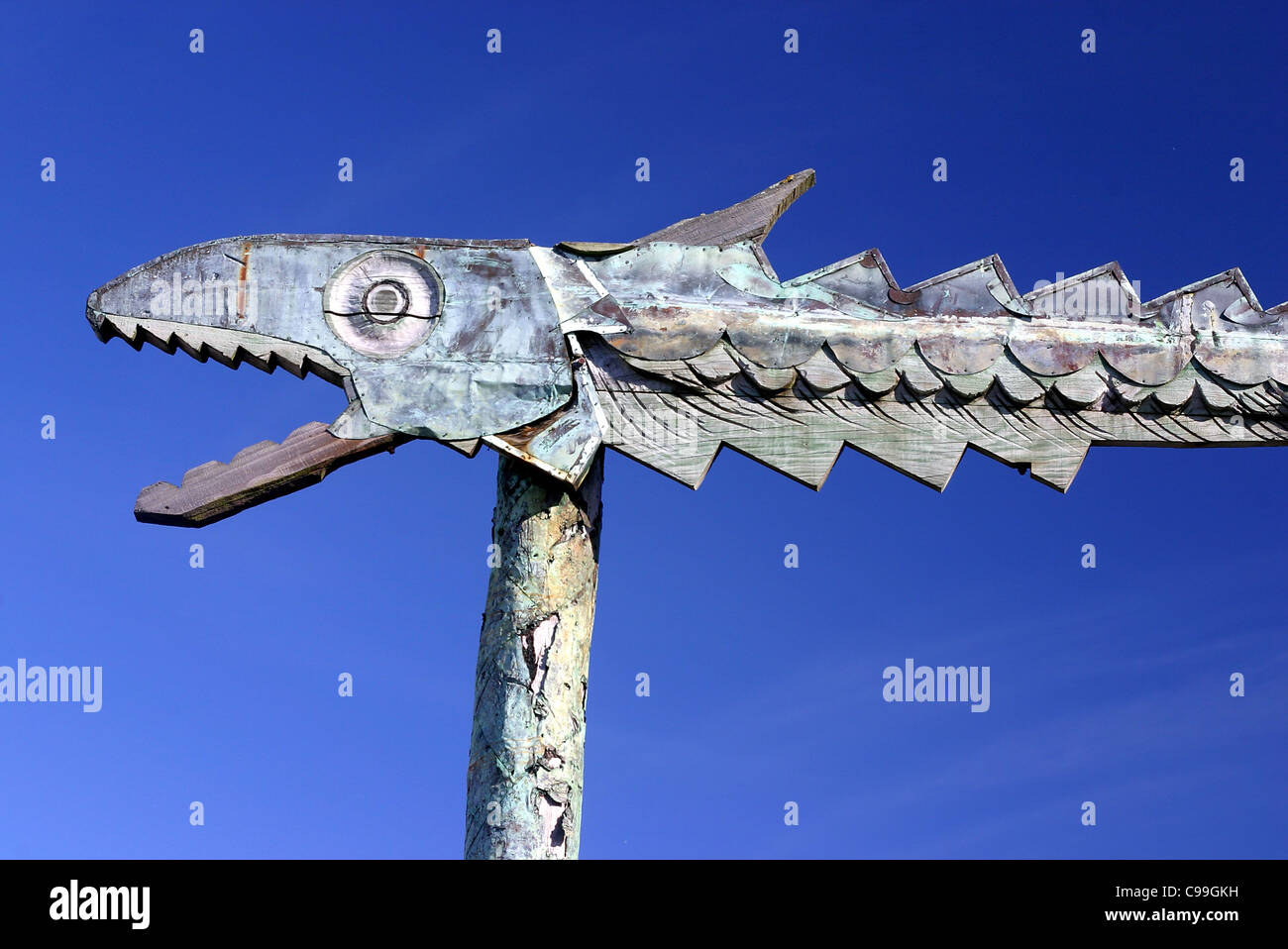 Fish sculpture in Frank Kitts Park on Lambton Harbour. Wellington, New ...