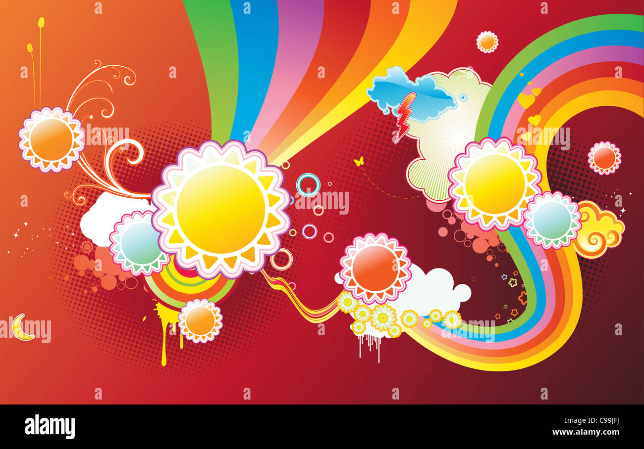 illustration of funky styled design background made of sun shapes ...