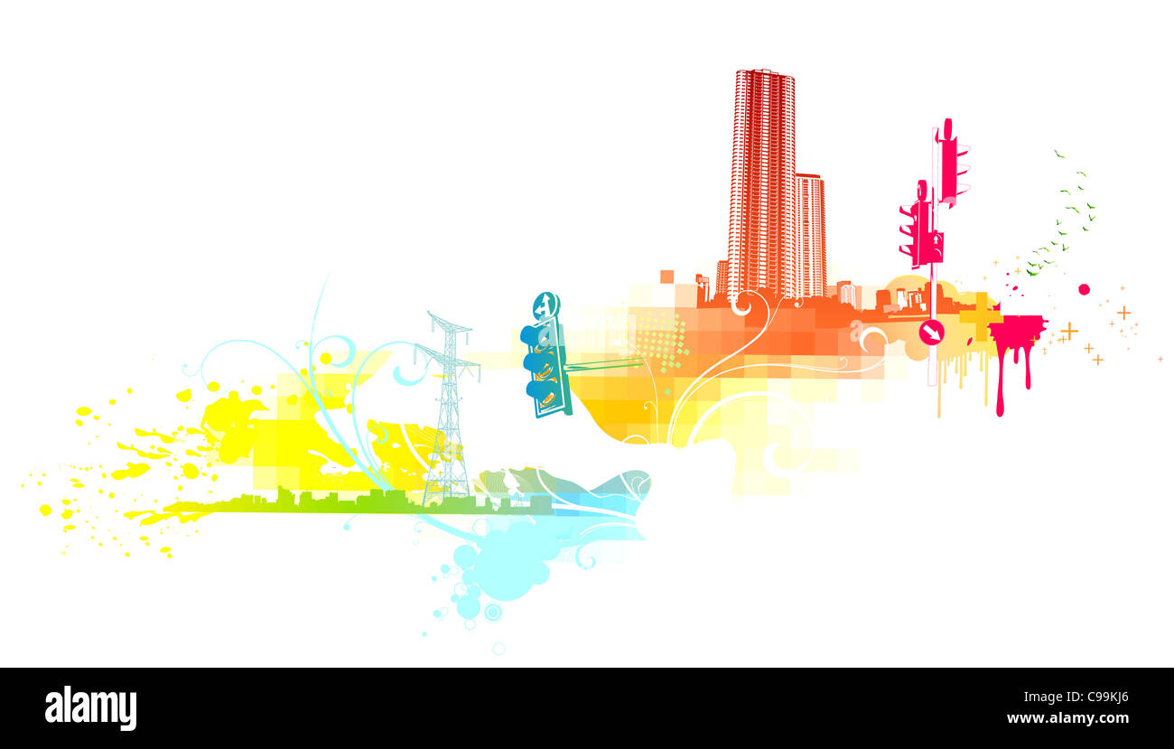 illustration of funky abstract background made of urban and floral ...