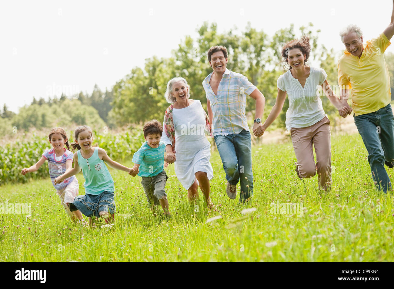Germany, Bavaria, Family running together in grass at picnic Stock ...