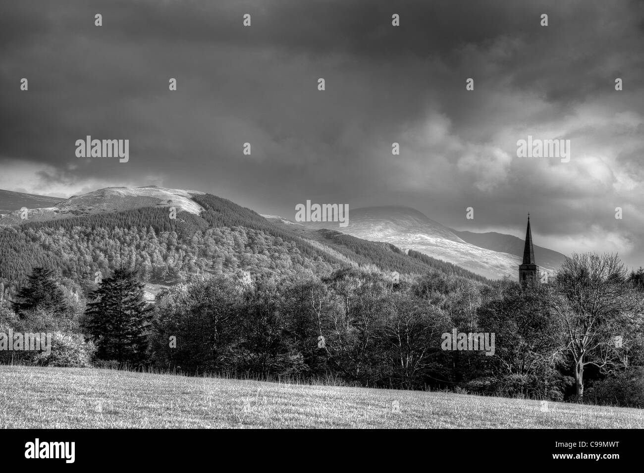 Keswick Church spire and mountains - black and white hdr Stock Photo ...