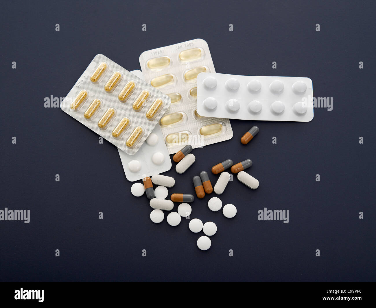 Variety of Pills in blister pack on black background, close up Stock ...