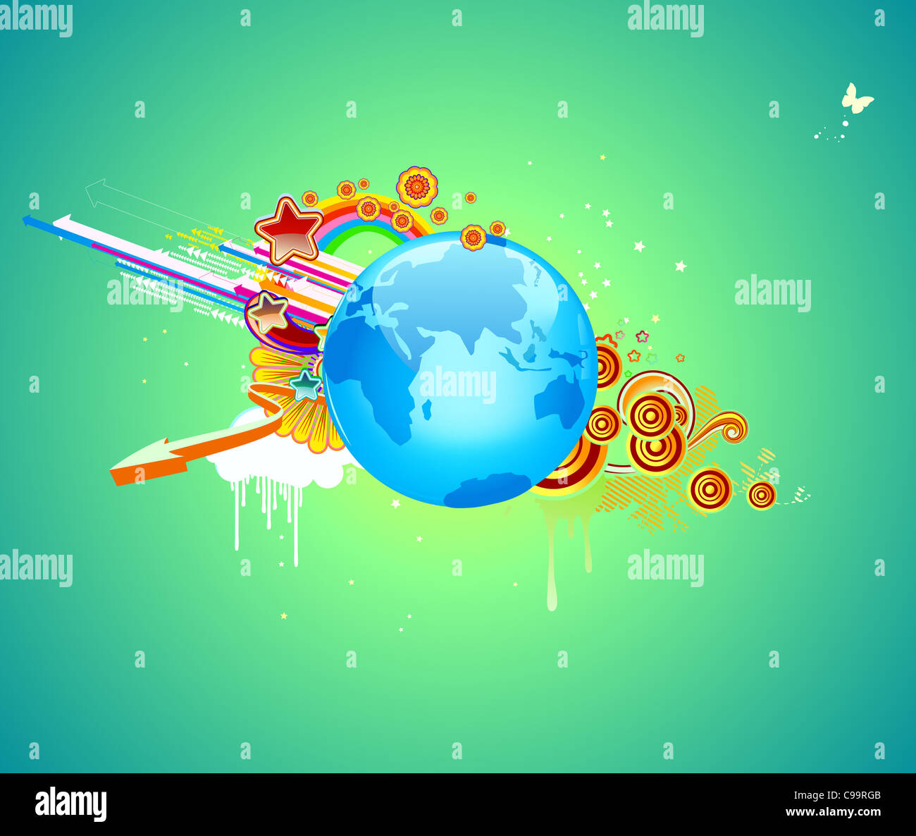 illustration of funky abstract background with globe, flowers, arrows ...