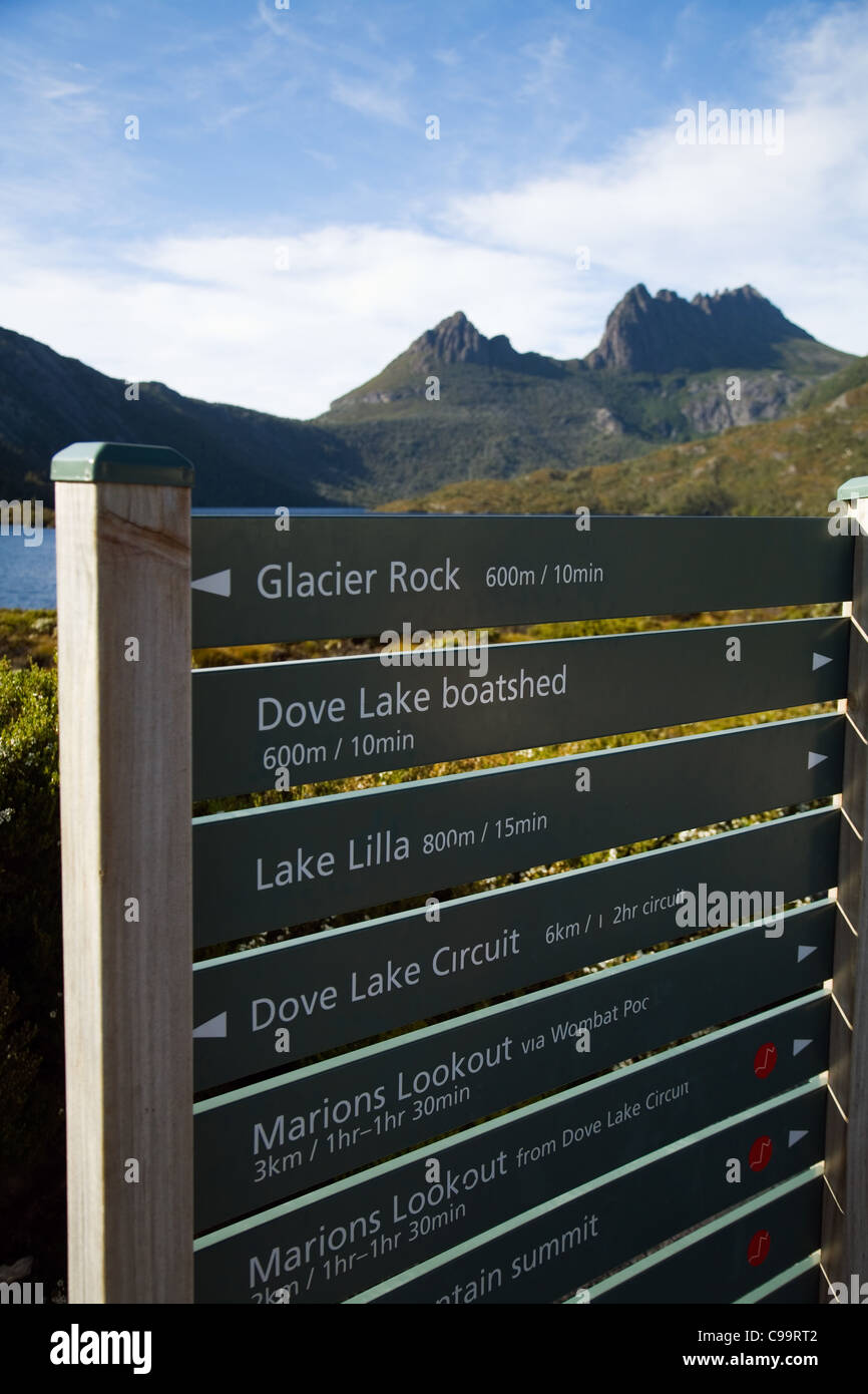 Walks information sign with Cradle Mountain in background. Cradle ...