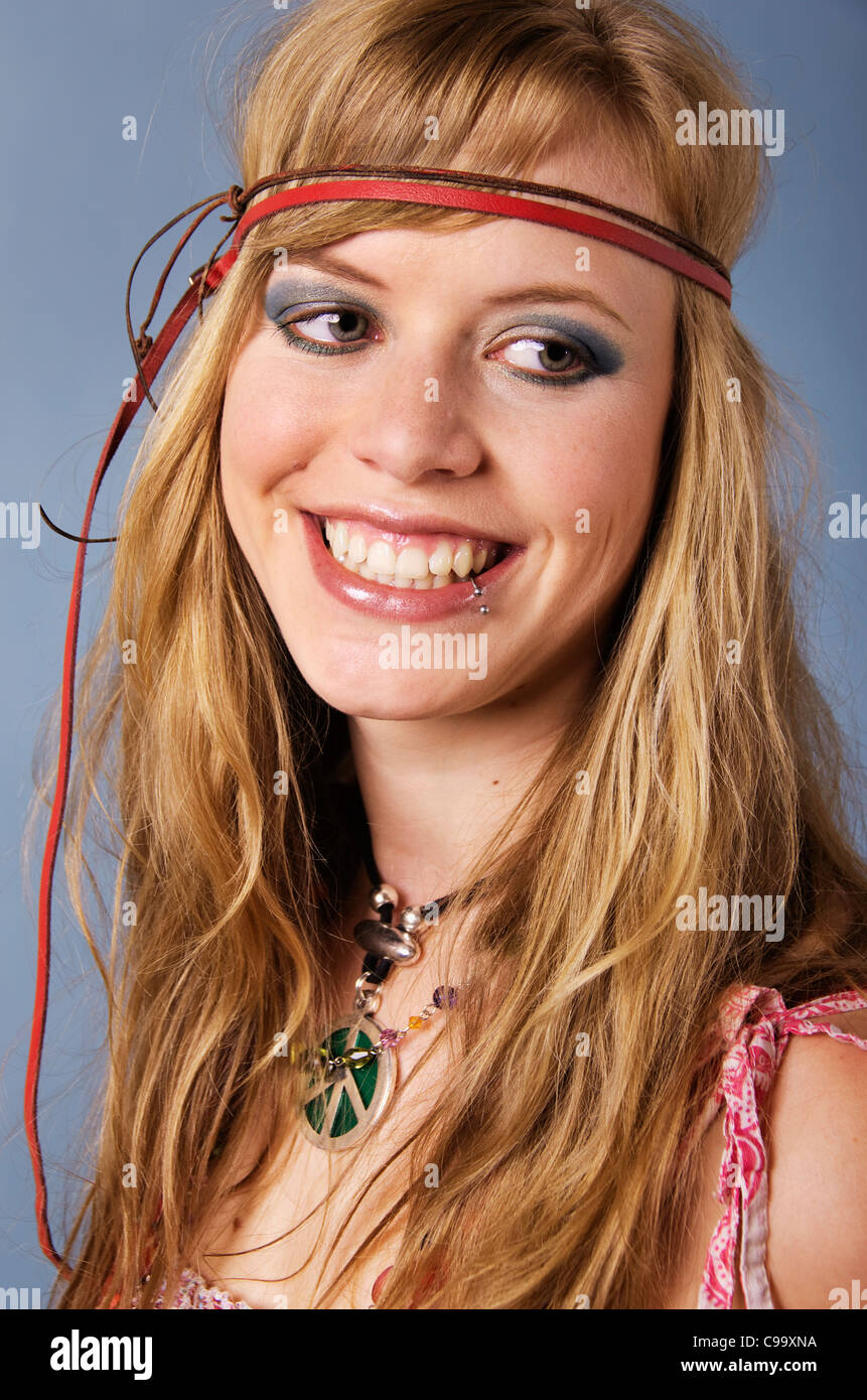 Close up of young hippie woman, smiling Stock Photo - Alamy