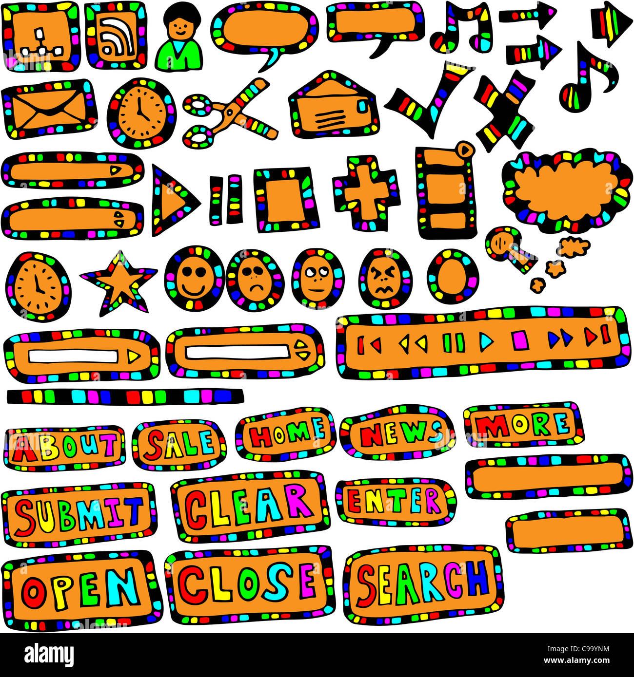 A collection of wacky, hand-drawn cartoon-style web icons and elements ...