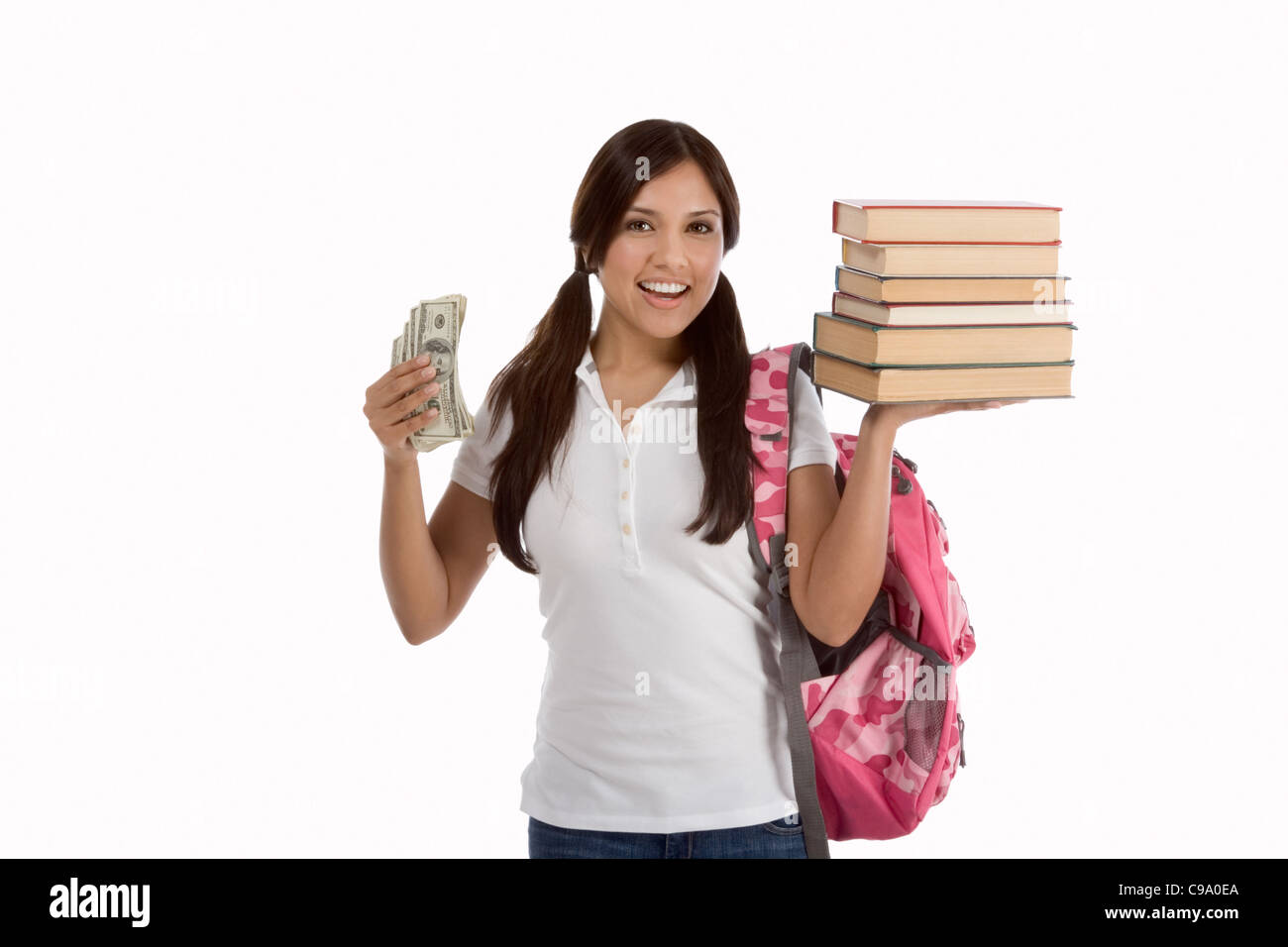 Ethnic Hispanic college student holds 100 (one hundred) dollar bills ...