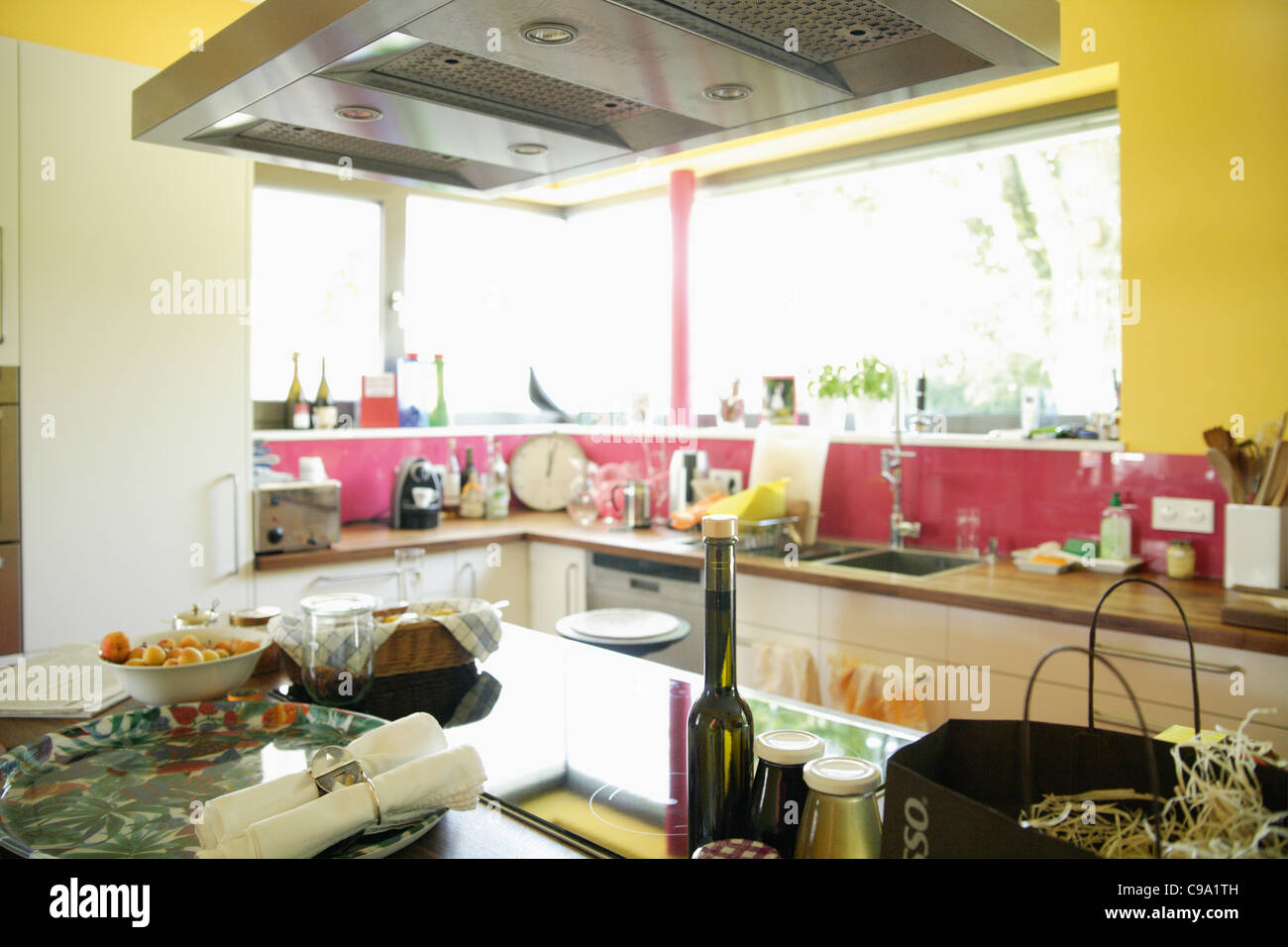 Germany, Upper Bavaria, Munich, Interior of domestic kitchen in new ...