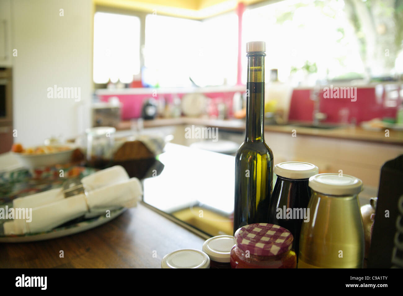 Germany, Upper Bavaria, Munich, Interior of domestic kitchen in new ...