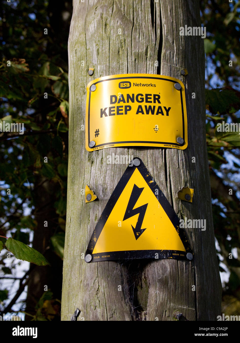Danger signs warning of electrocution on an electricity pole in Dublin ...