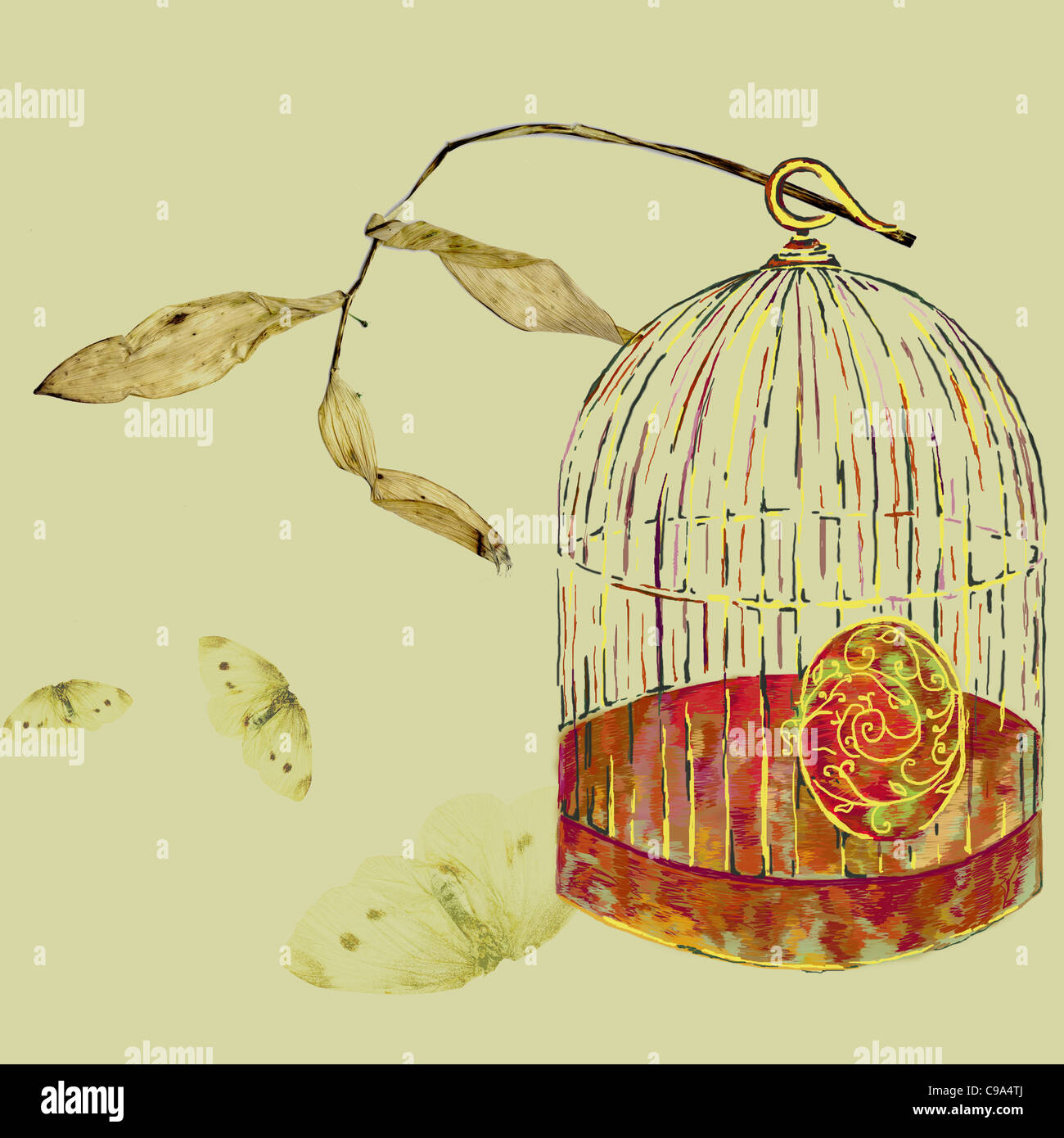 Ancient bird's cage a background with ancient petals Stock Photo - Alamy