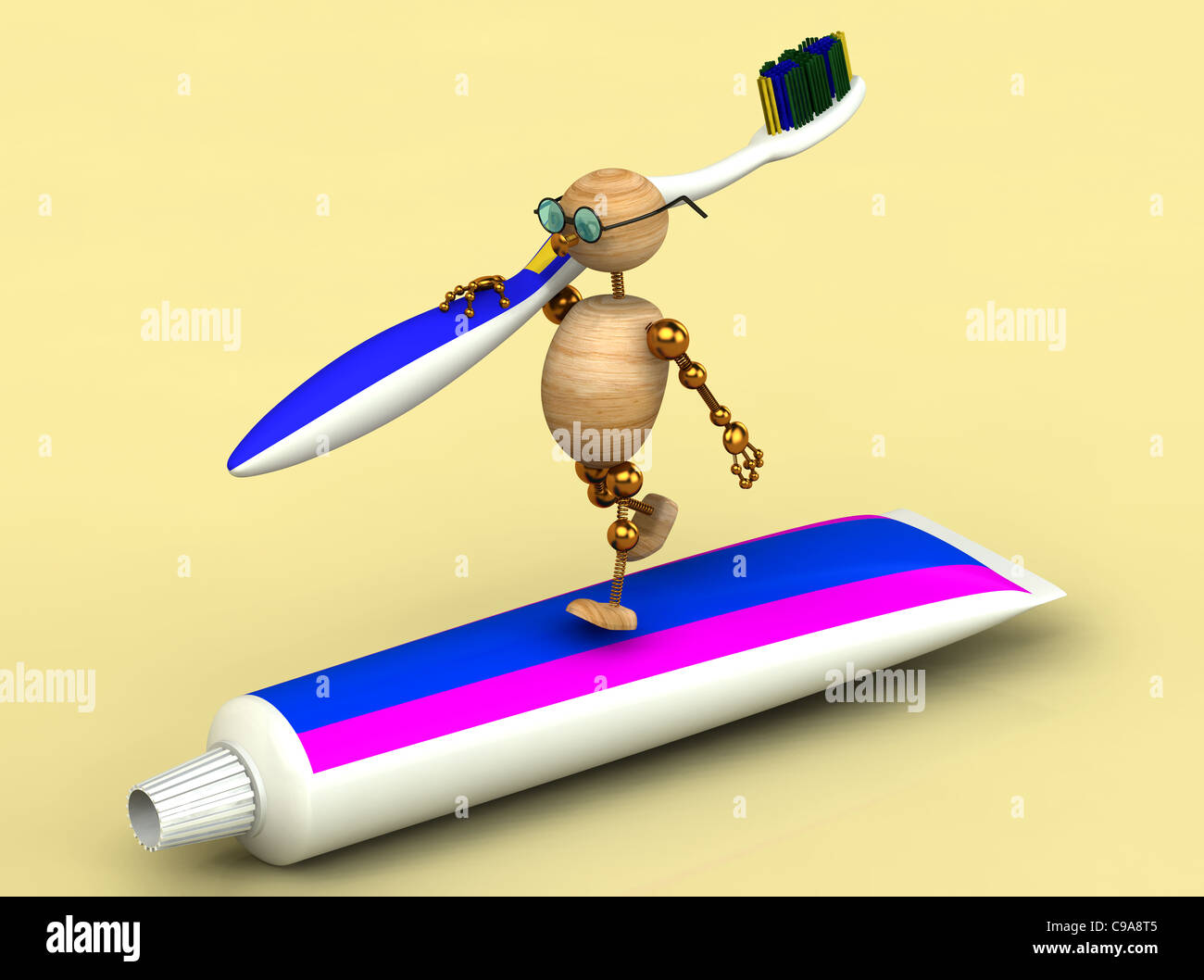 3d wood man on the toothpaste tube and toothbrush Stock Photo - Alamy