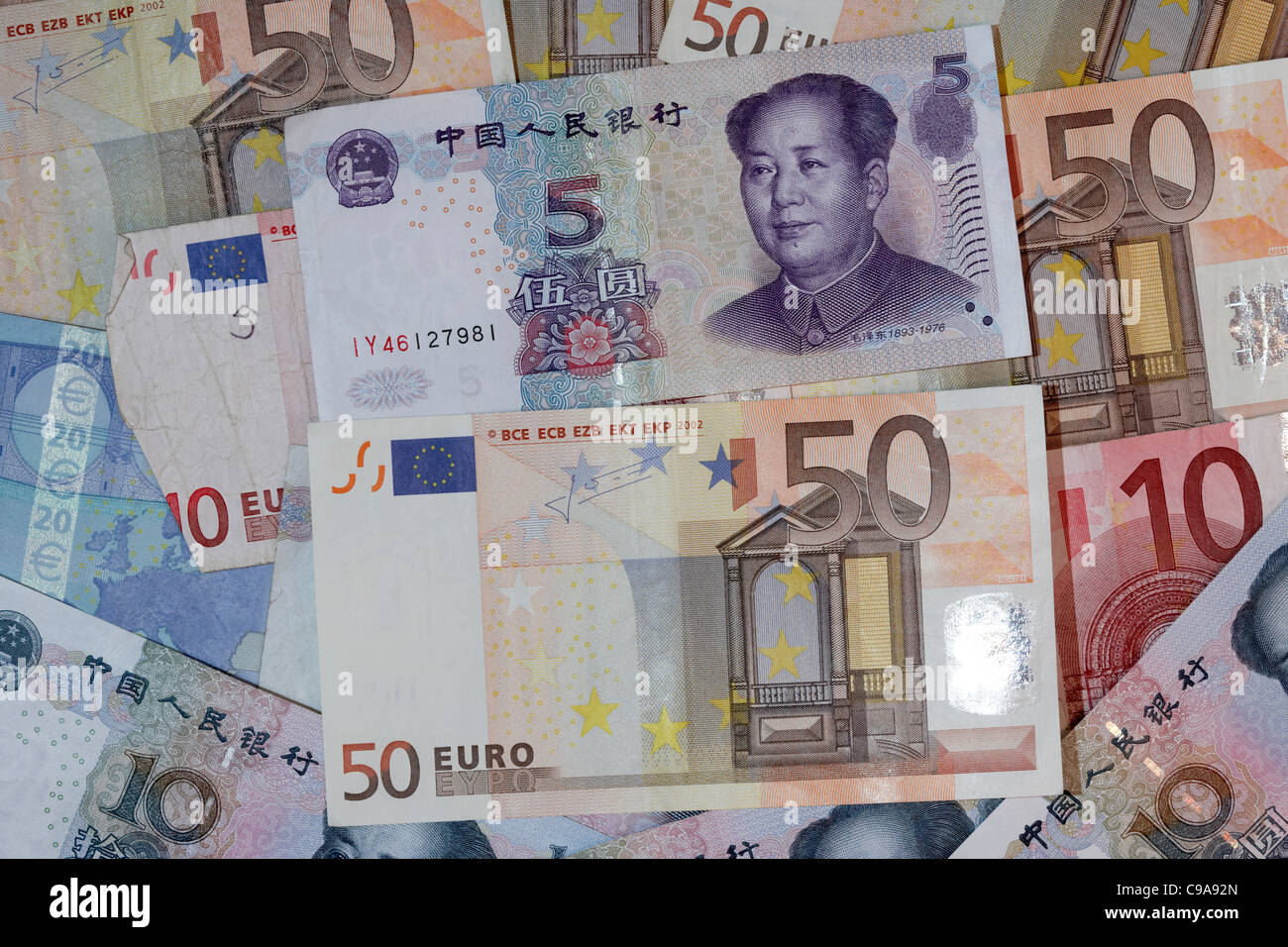 chinese renminbi rmb and european euro banknotes Stock Photo - Alamy