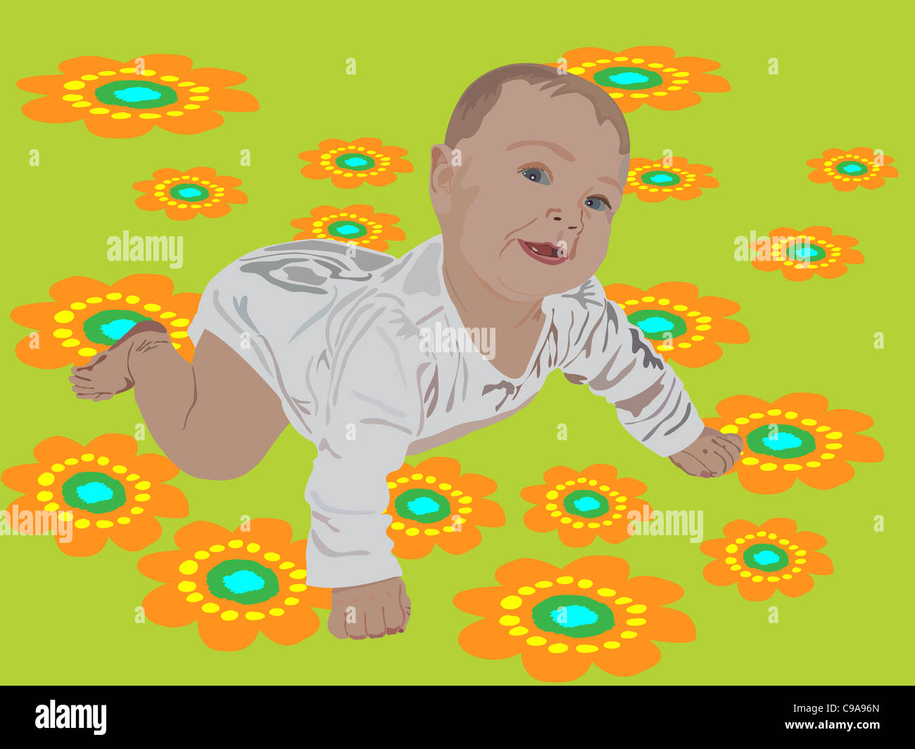 Colorful vector illustration of the baby on flowers Stock Photo - Alamy