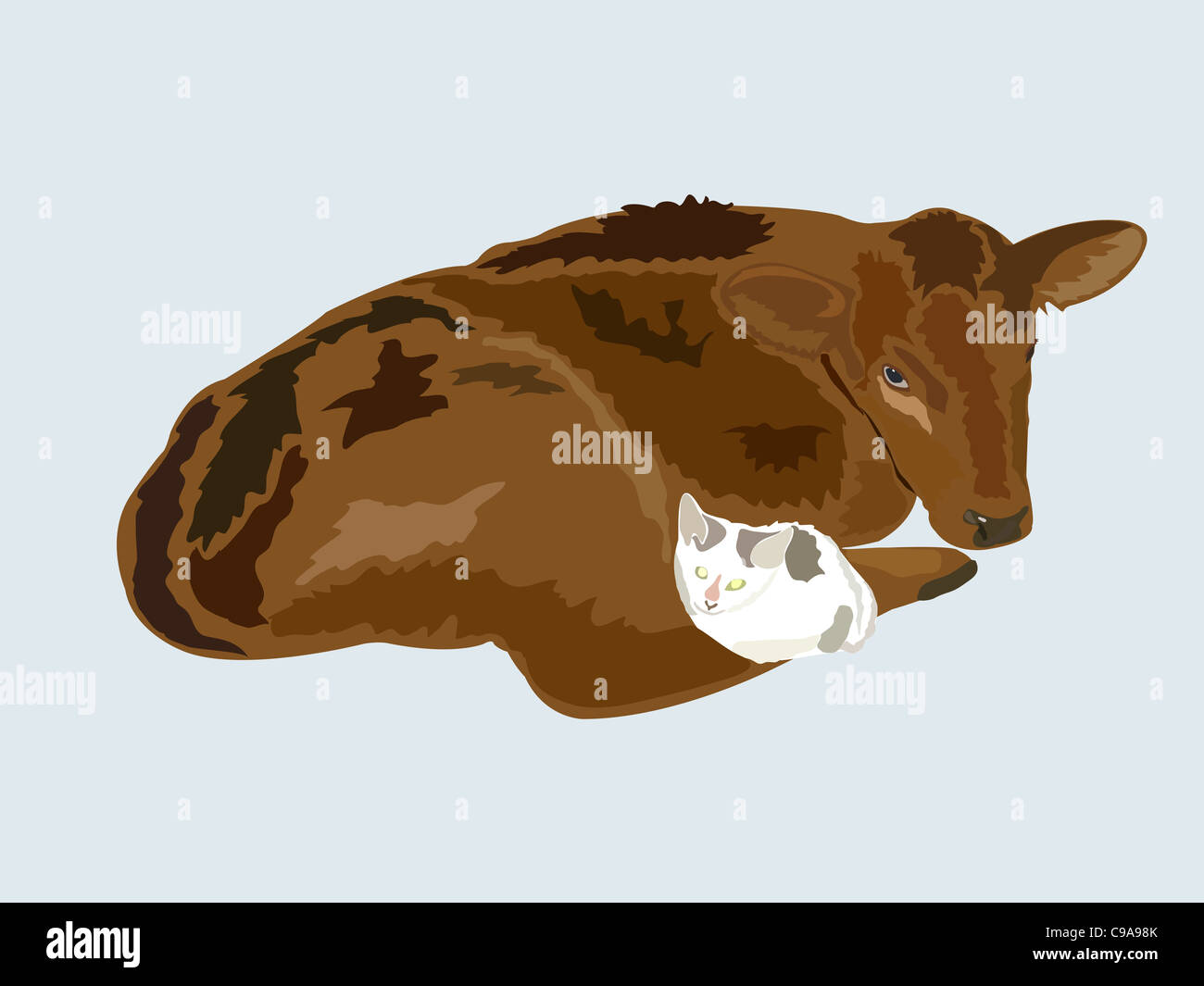 illustration of the calf and a white cat on blue Stock Photo - Alamy