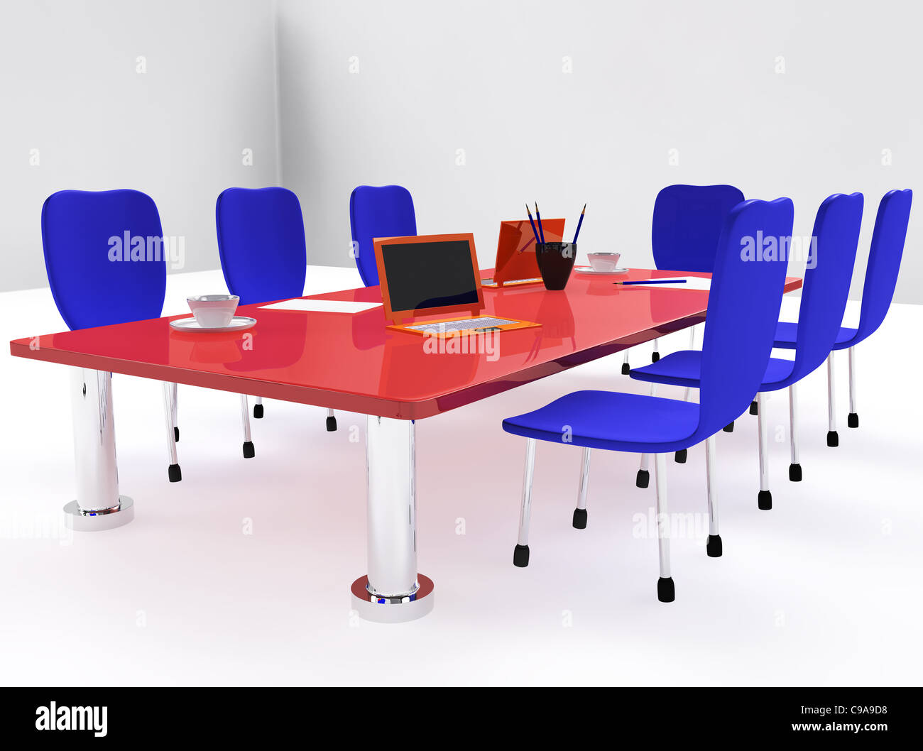 Conference room with red desk and blue chairs Stock Photo - Alamy