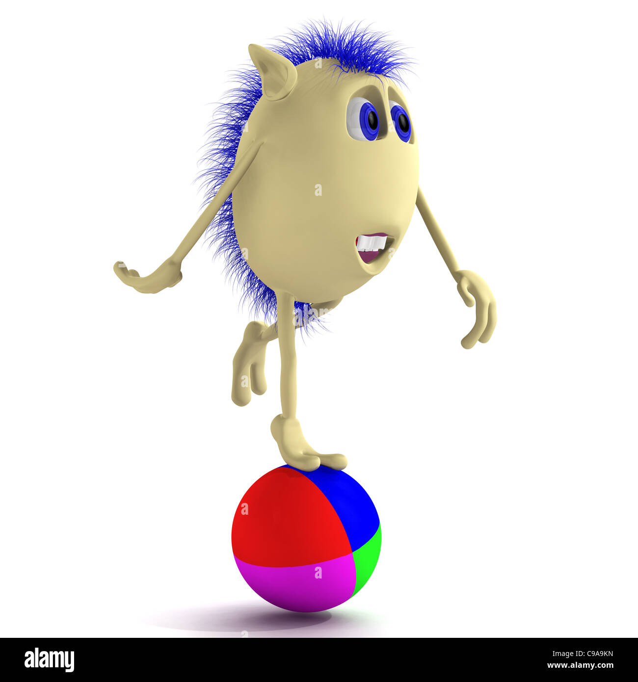 Blue haired 3D puppet balancing on colorful ball Stock Photo - Alamy