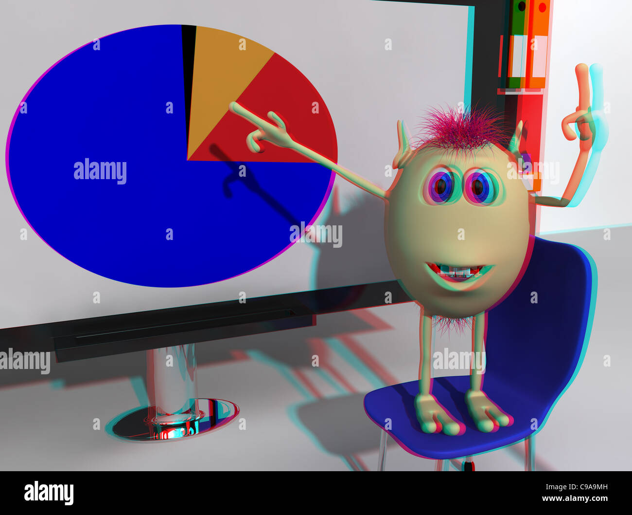 Puppet standing on chair and targeting colorful chart Stock Photo - Alamy