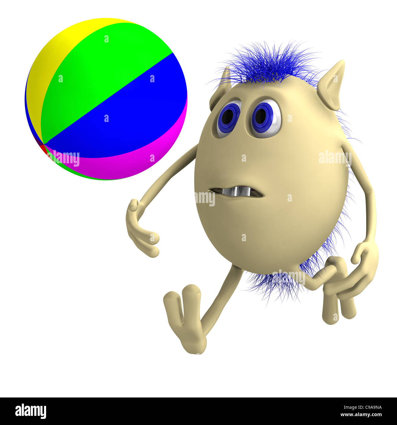 Blue haired 3D puppet playing with colorful ball Stock Photo - Alamy