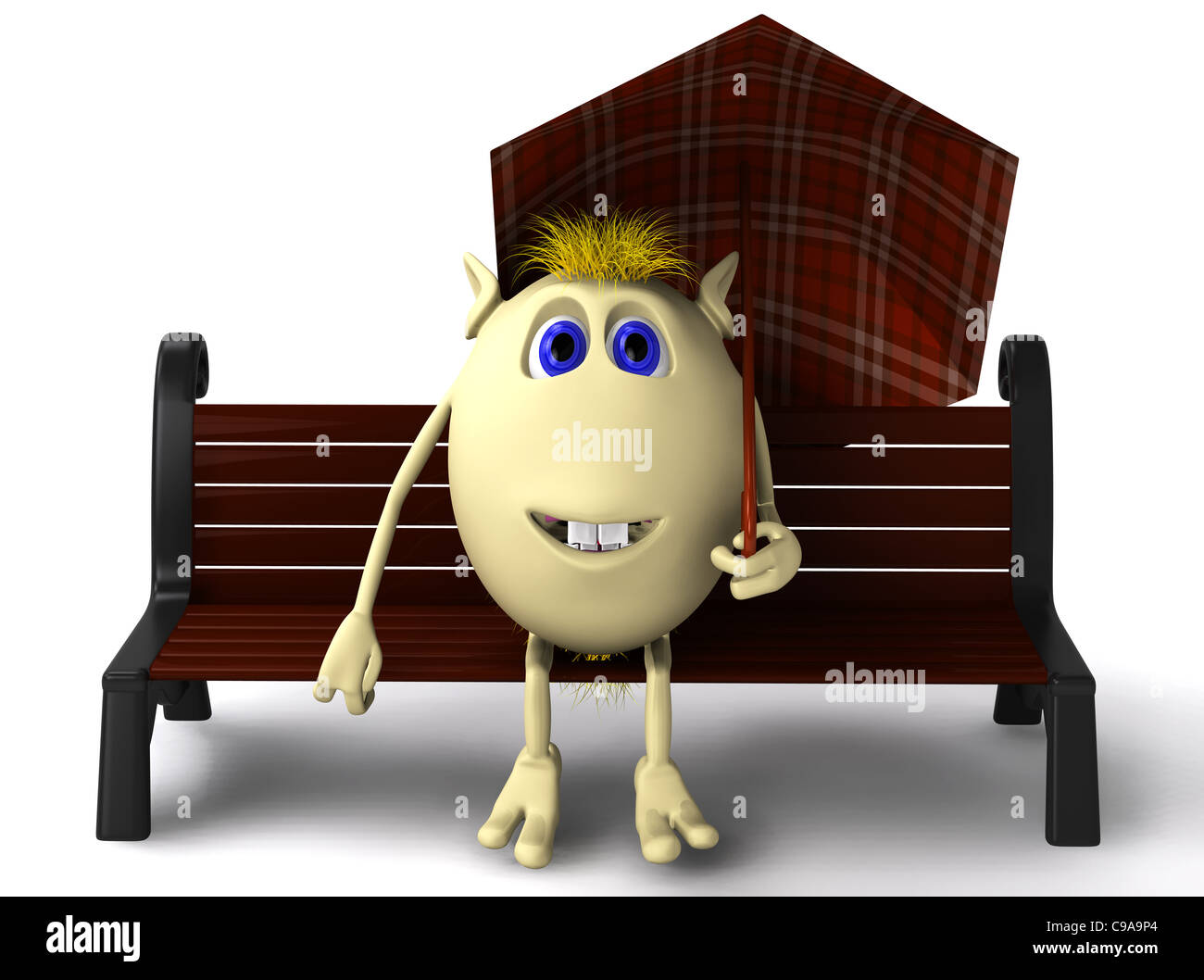 Happy puppet sitting under umbrella on brown bench Stock Photo - Alamy