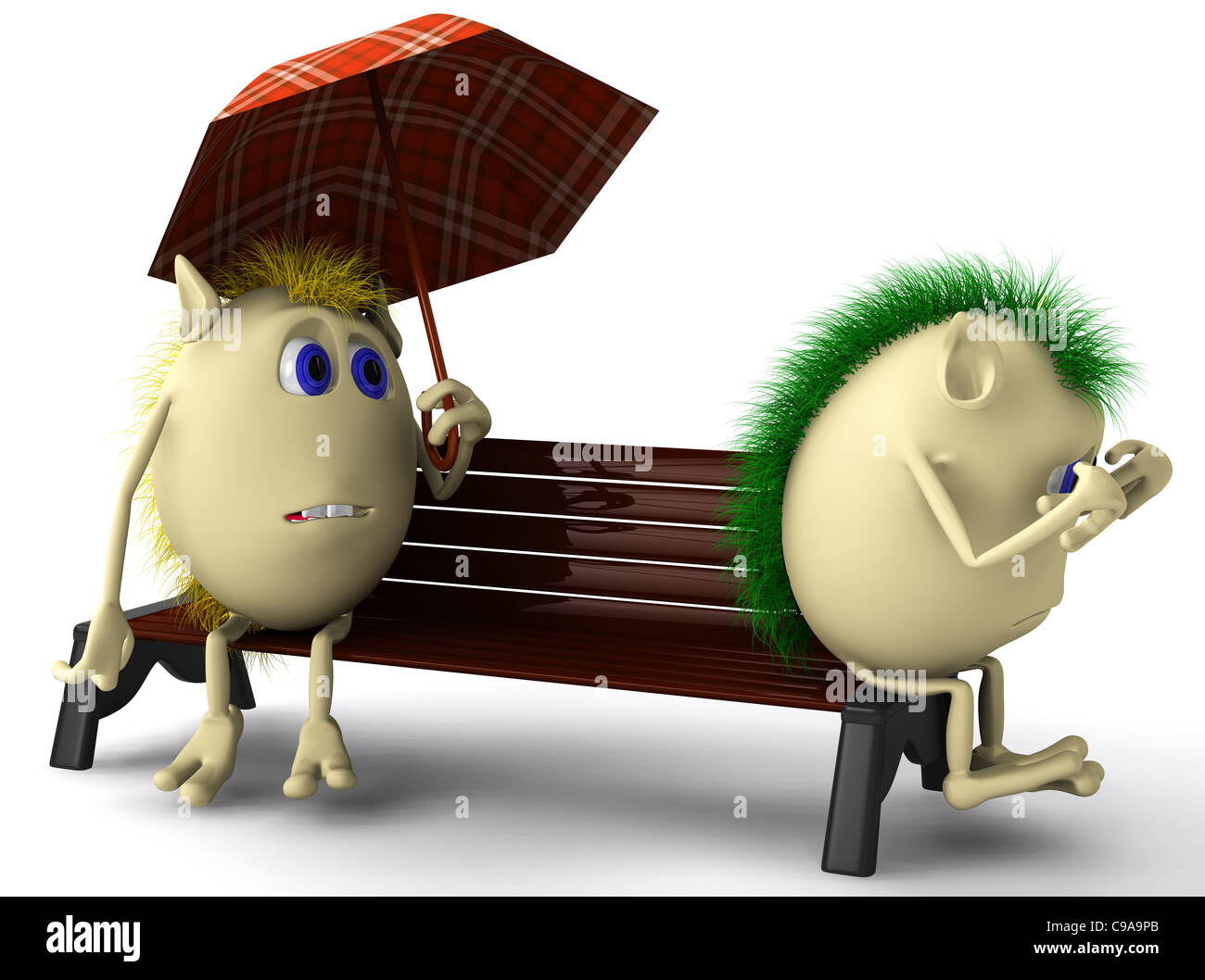 Two hairy unhappy puppets sitting on brown bench Stock Photo - Alamy