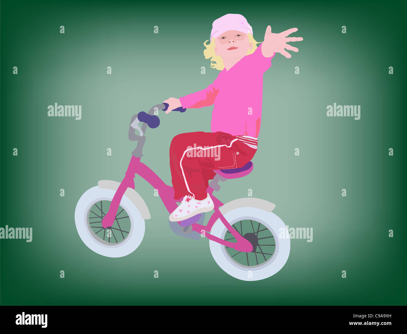 Child ride on bicycle and shake left hand Stock Photo - Alamy