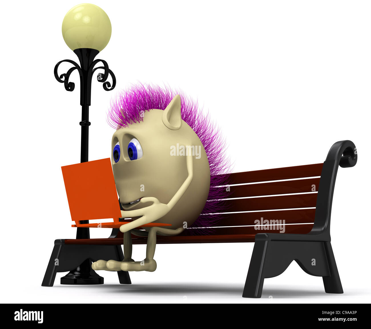 Pink haired puppet using laptop on brown bench Stock Photo - Alamy