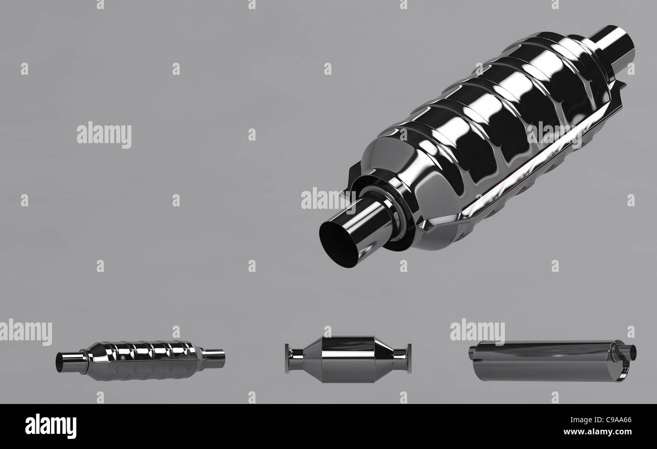 3D of reflecting mufflers collection in grey studio Stock Photo - Alamy