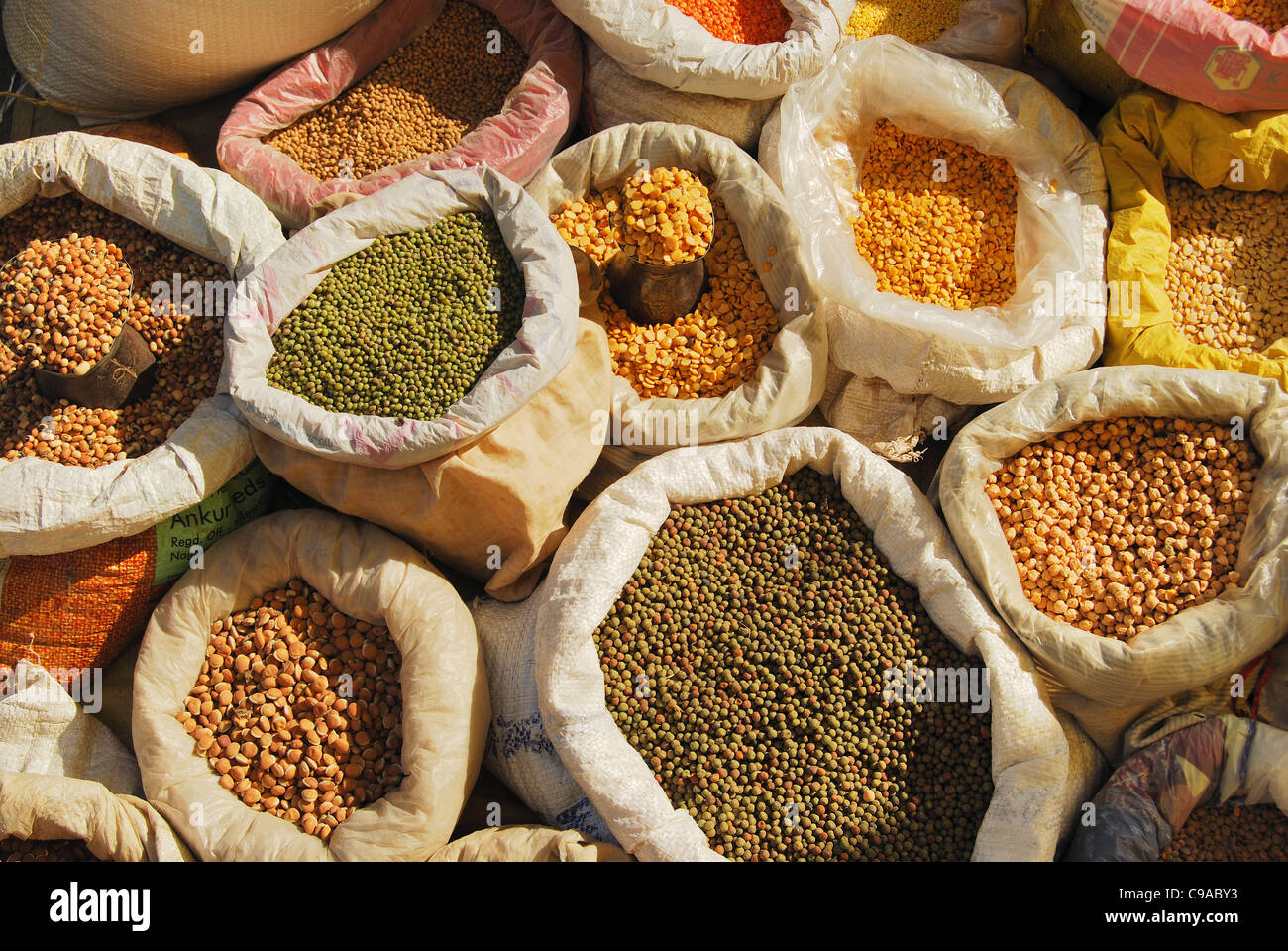 Different grams for sale in the weekly market, Malkapur, Maharashtra ...