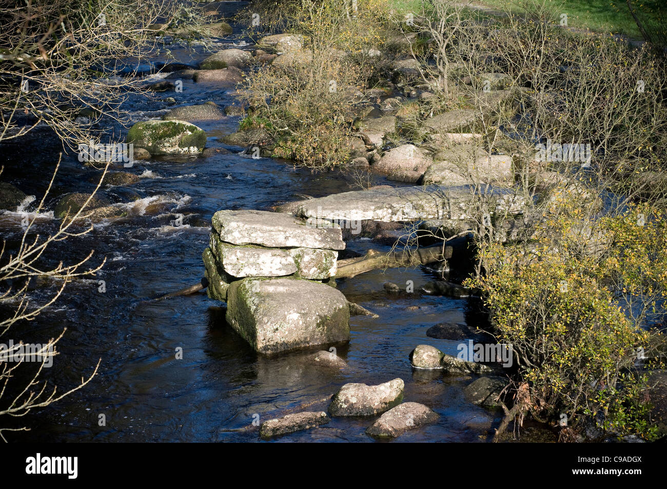 clapper bridge crossing river at Badgers Halt, Dartmoor,Devon ...