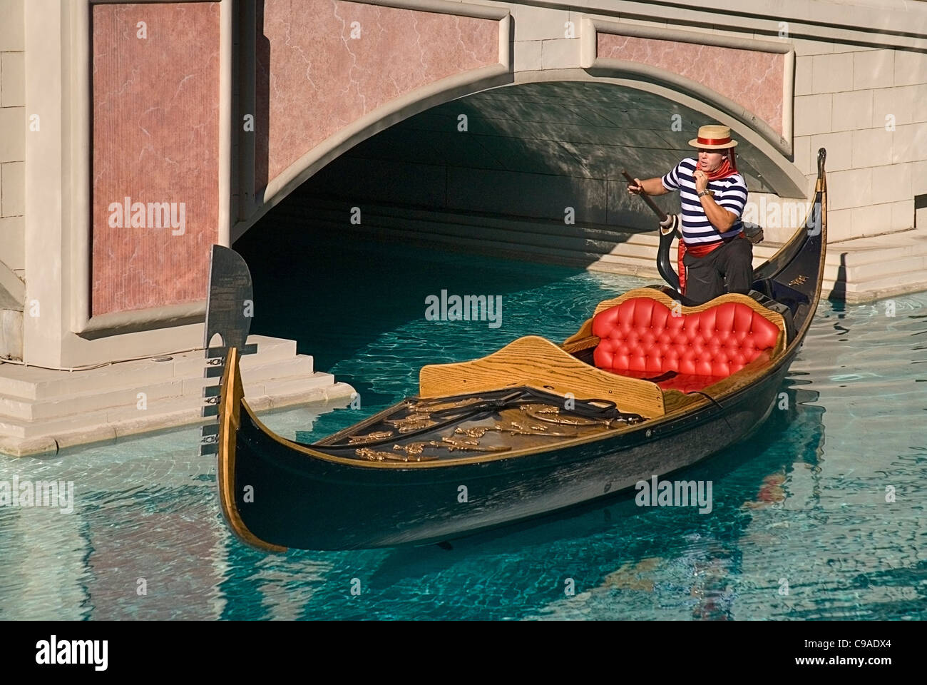 USA, Nevada, Las Vegas, The Strip, gondola outside side the entrance to ...